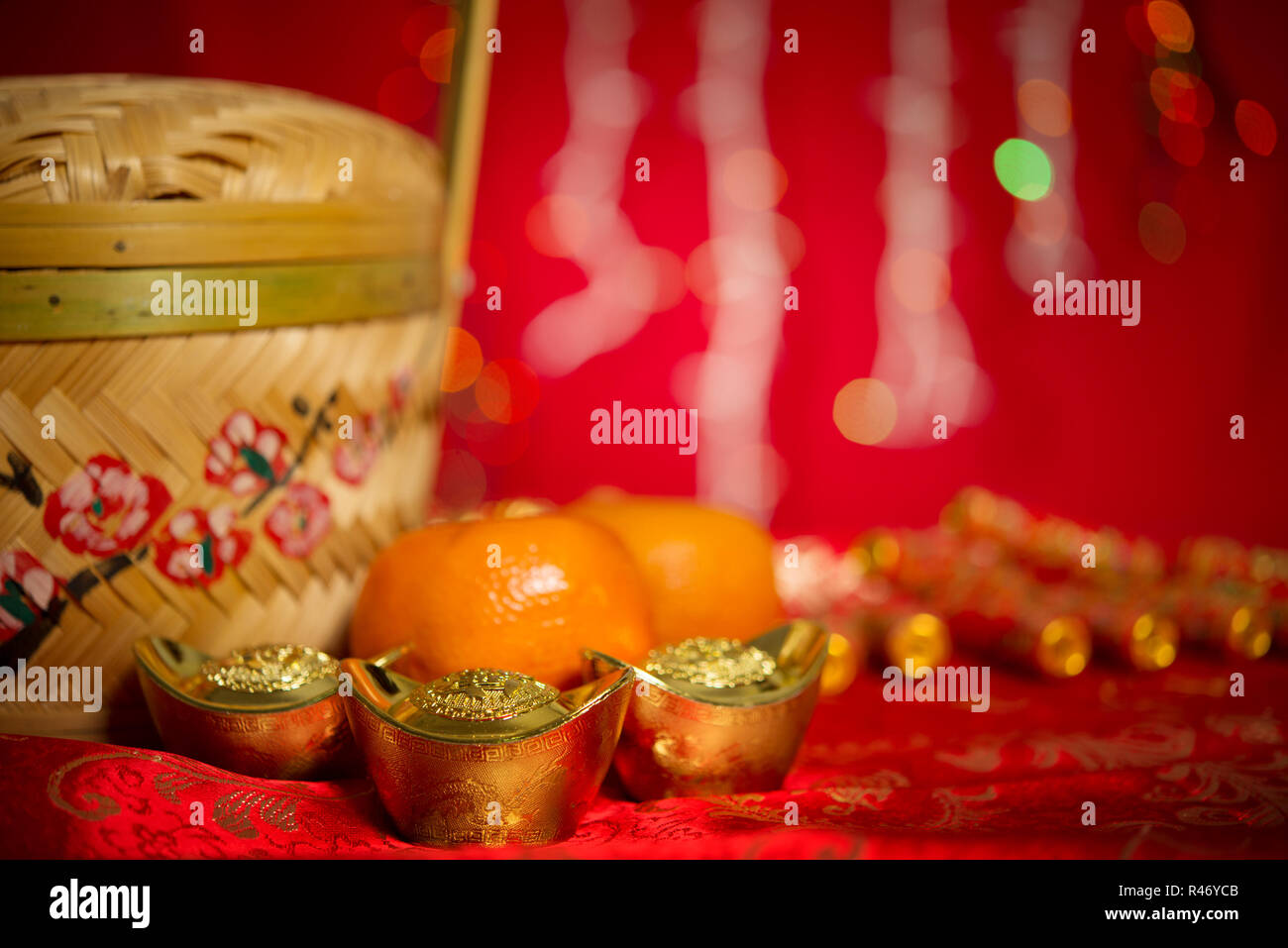 Chinese New Year objects on red background Stock Photo - Alamy