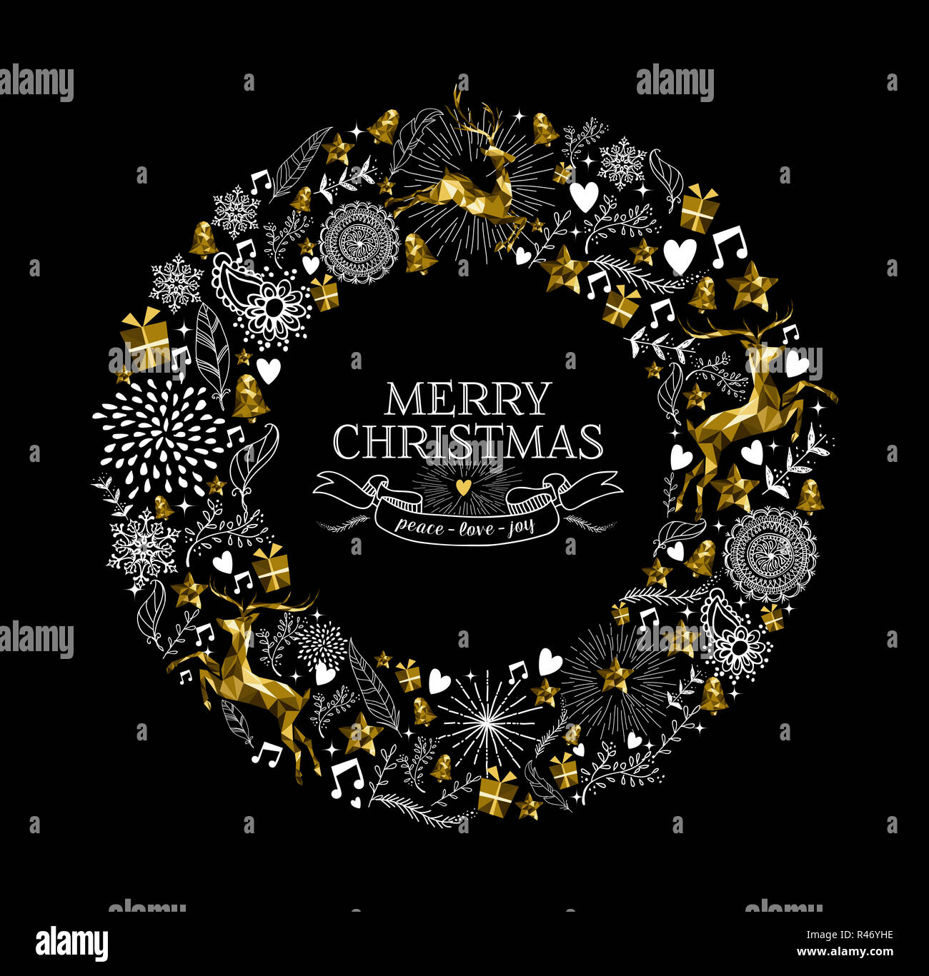 Merry christmas label wreath gold deer low poly Stock Photo - Alamy