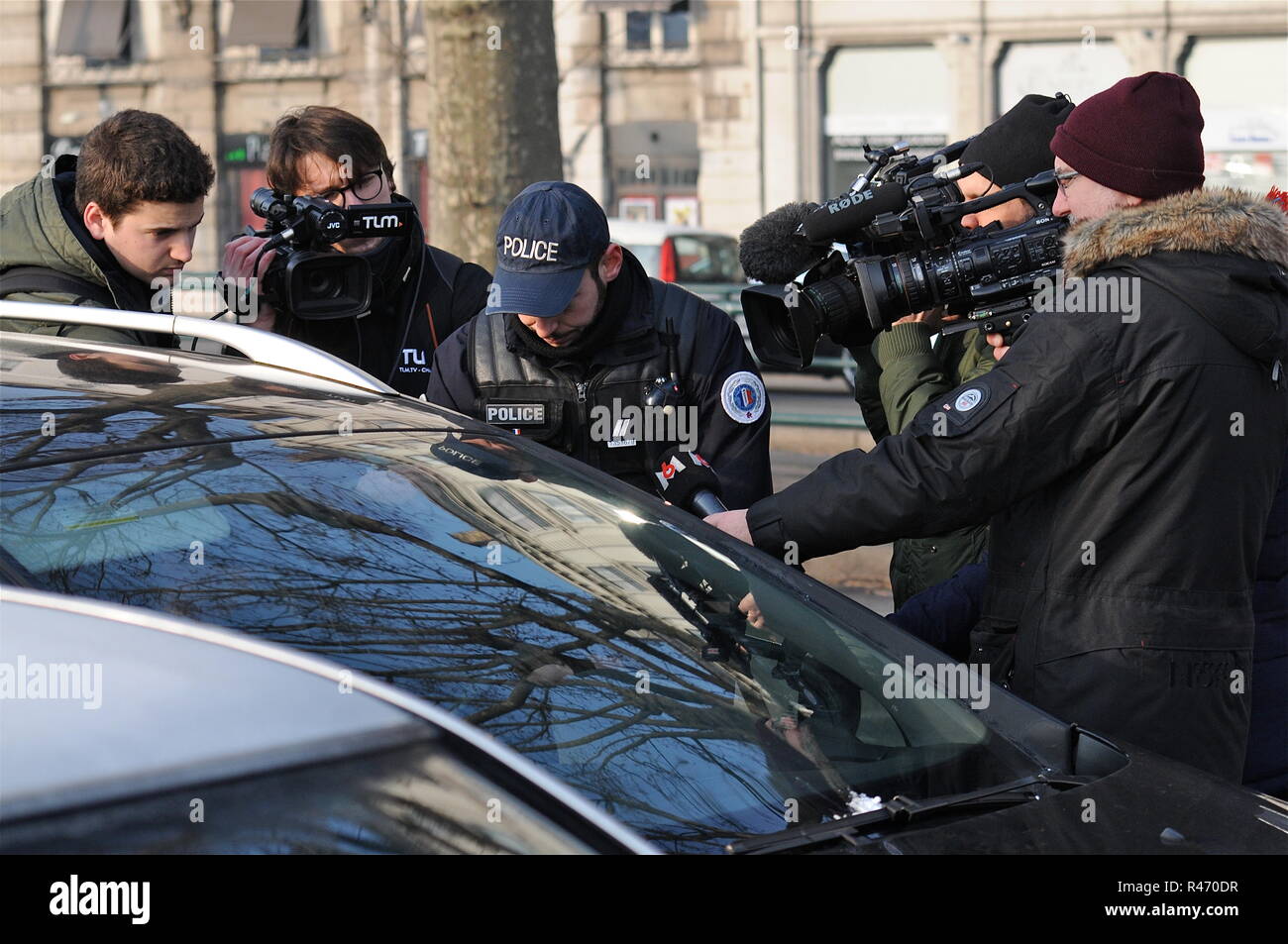 Police forces control pollution level of vehicles in Lyon, France Stock ...