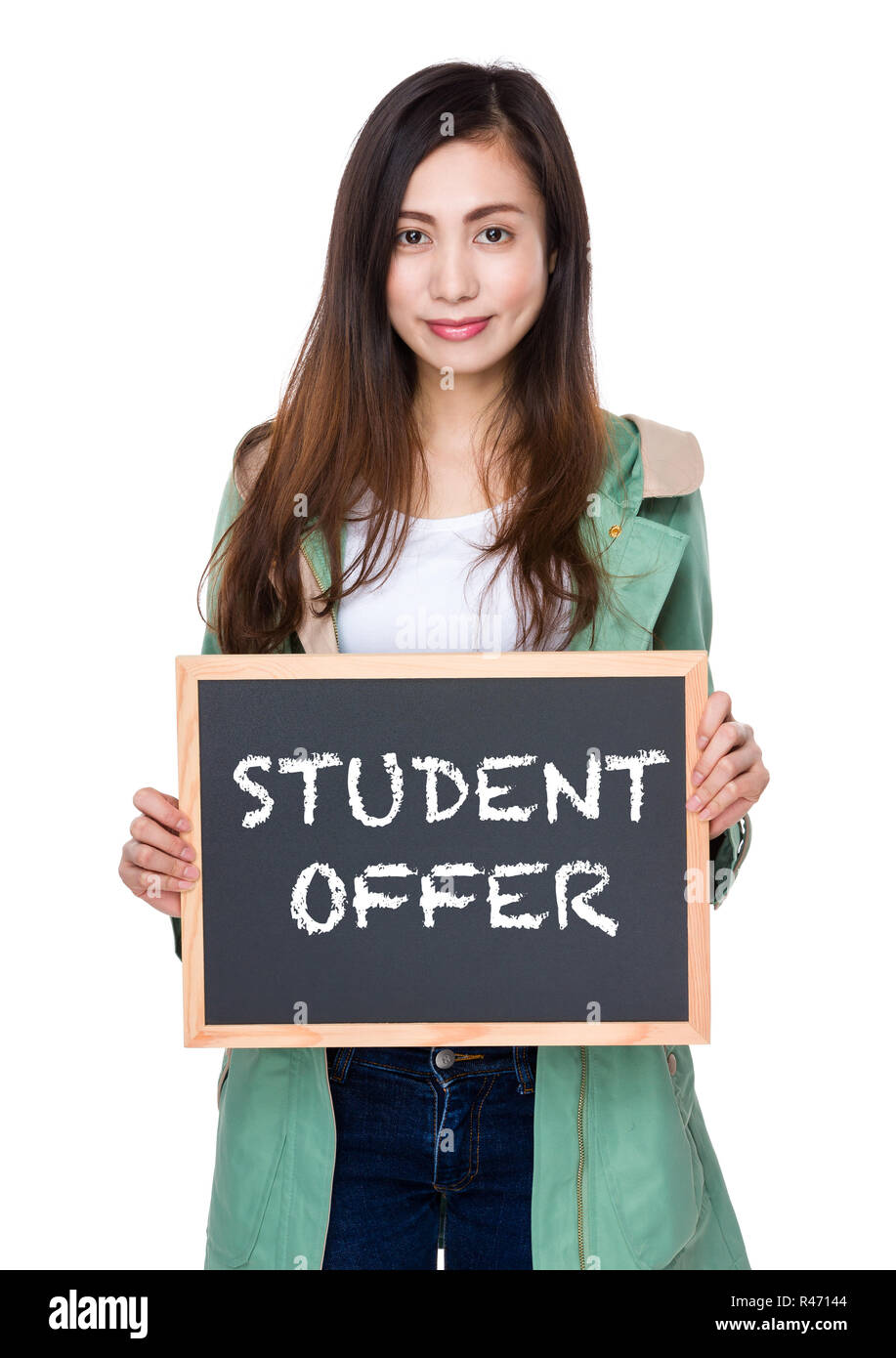 Woman hold with blackboard showing student offer Stock Photo - Alamy