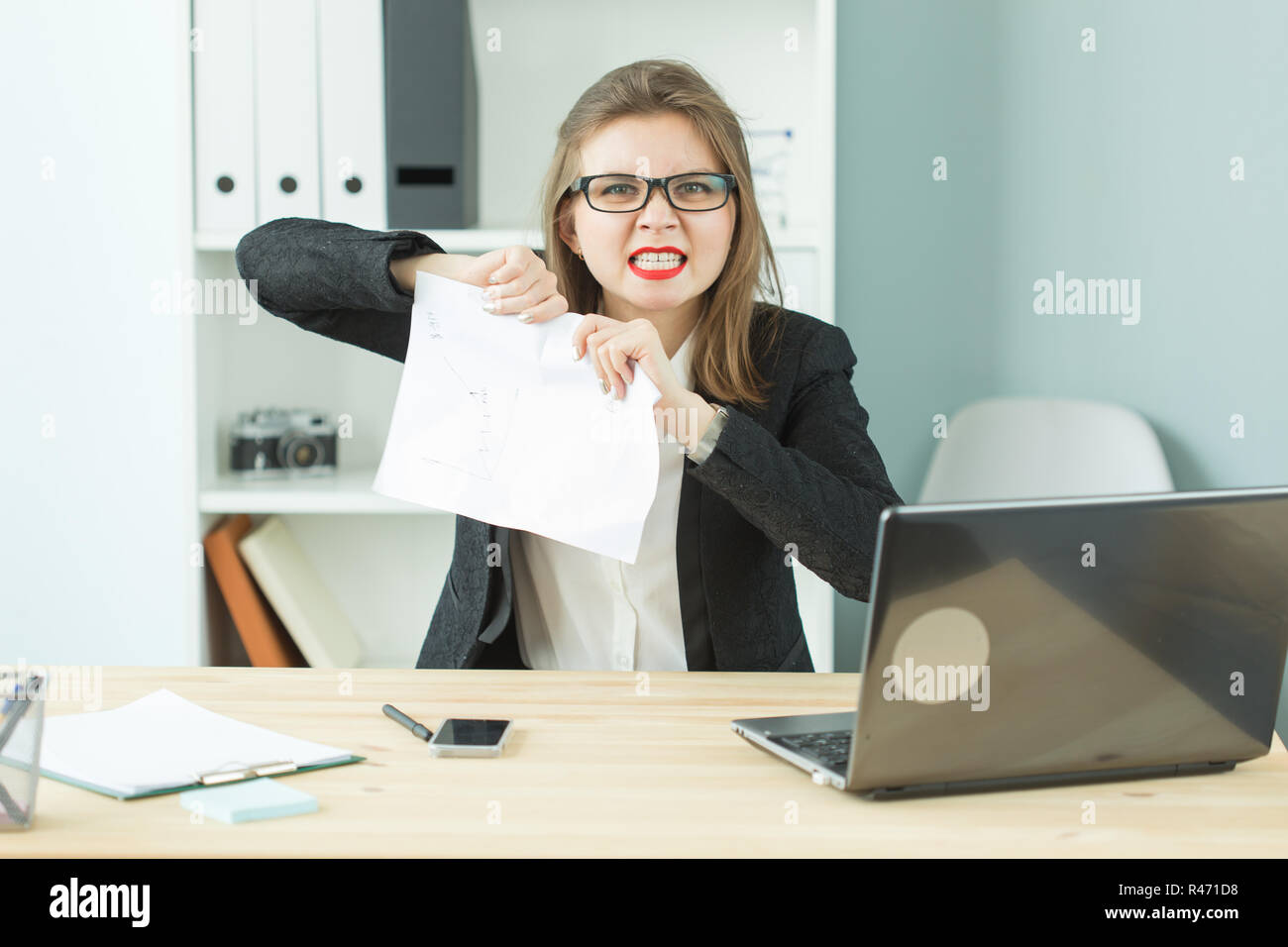 Stress, office, hysteric, people concept - aggressive woman with a lot ...