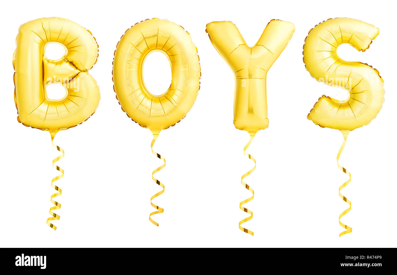 Word boys made of golden inflatable balloons with ribbons on white ...
