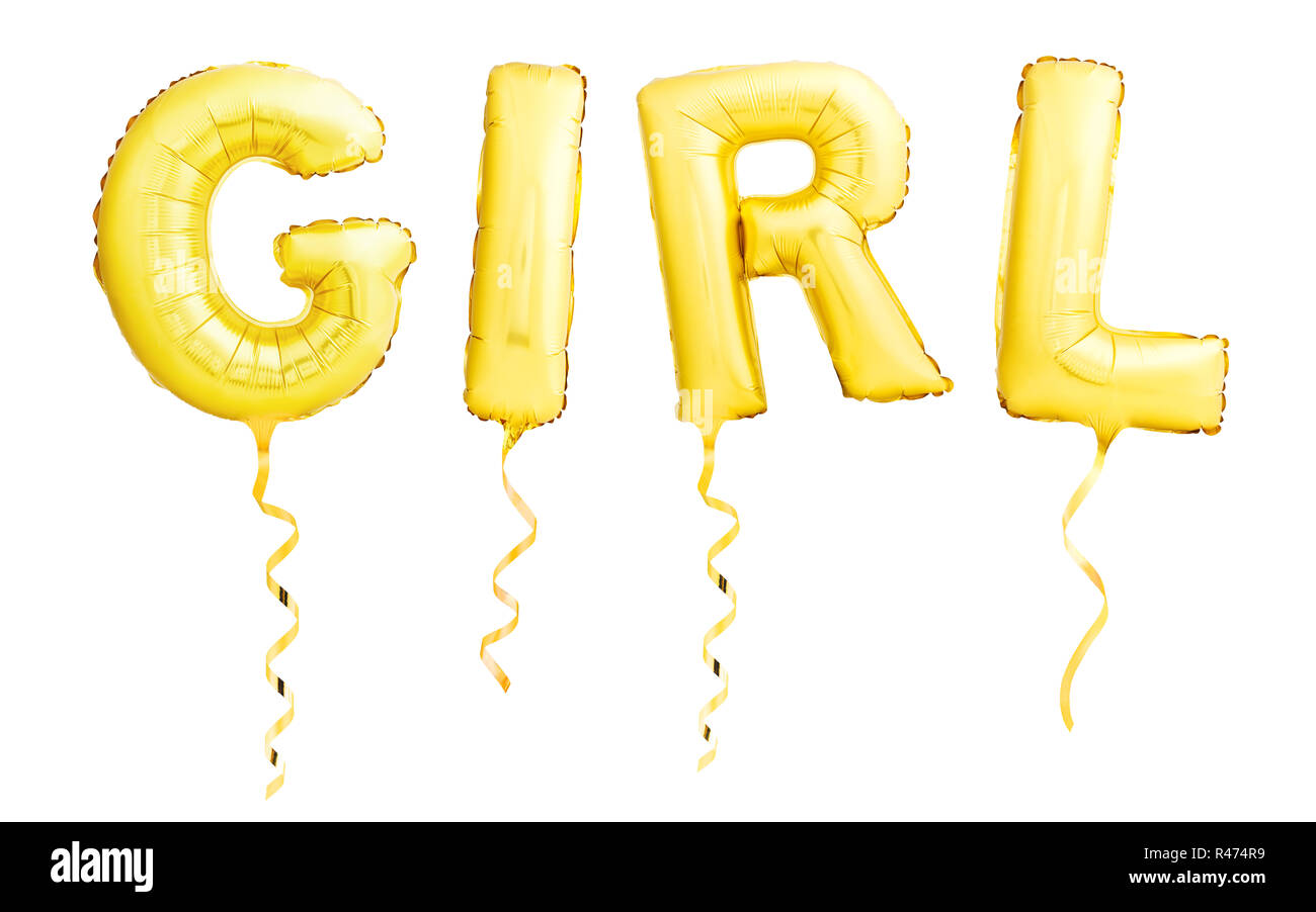 Word girl made of golden inflatable balloons with ribbons isolated on ...