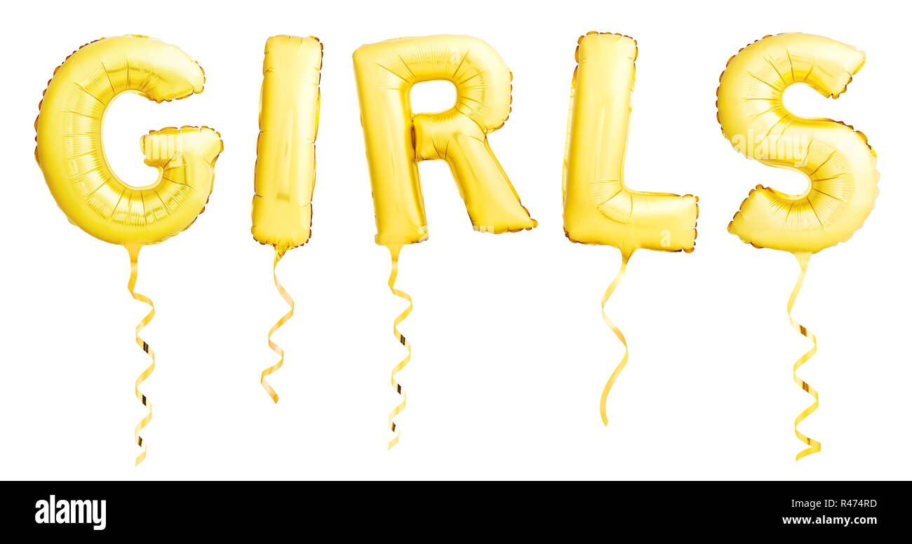 Word girls made of golden inflatable balloons with ribbons isolated on ...