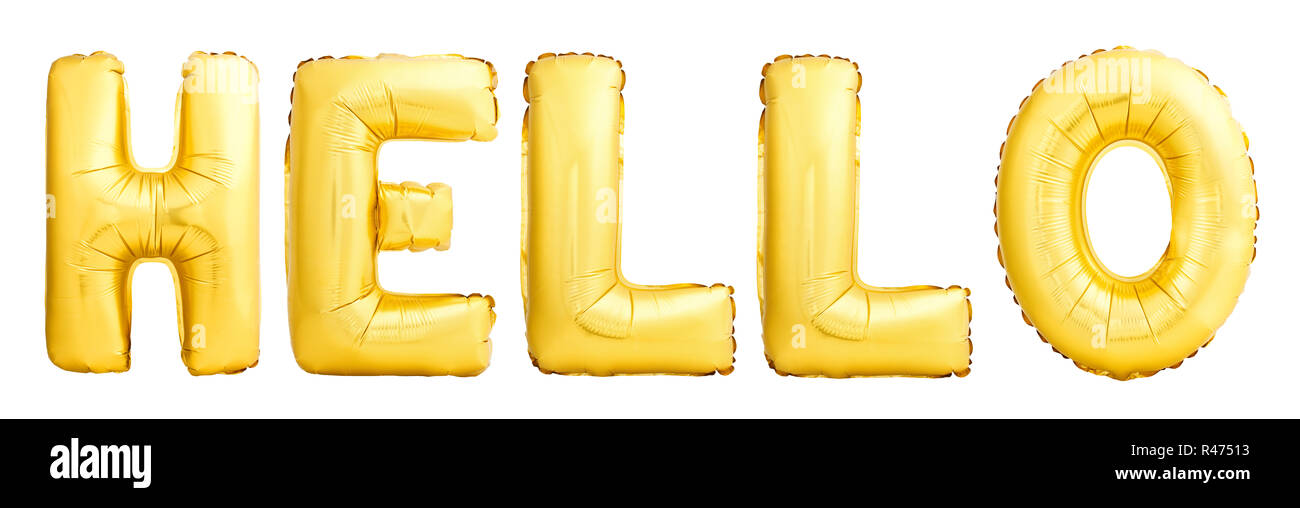 Word HELLO made of golden inflatable balloon isolated on white Stock ...