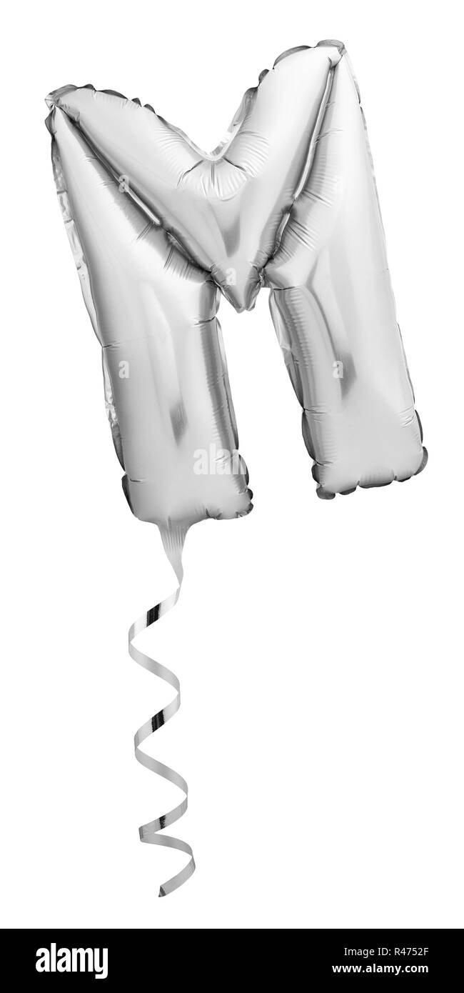 Silver letter M made of inflatable balloon with ribbon isolated on ...