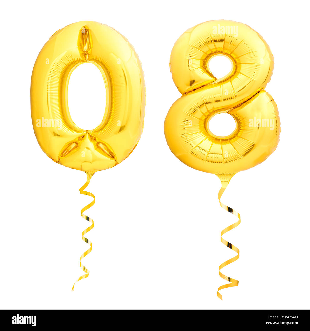 Golden number 08 made of inflatable party balloons with golden ribbons ...