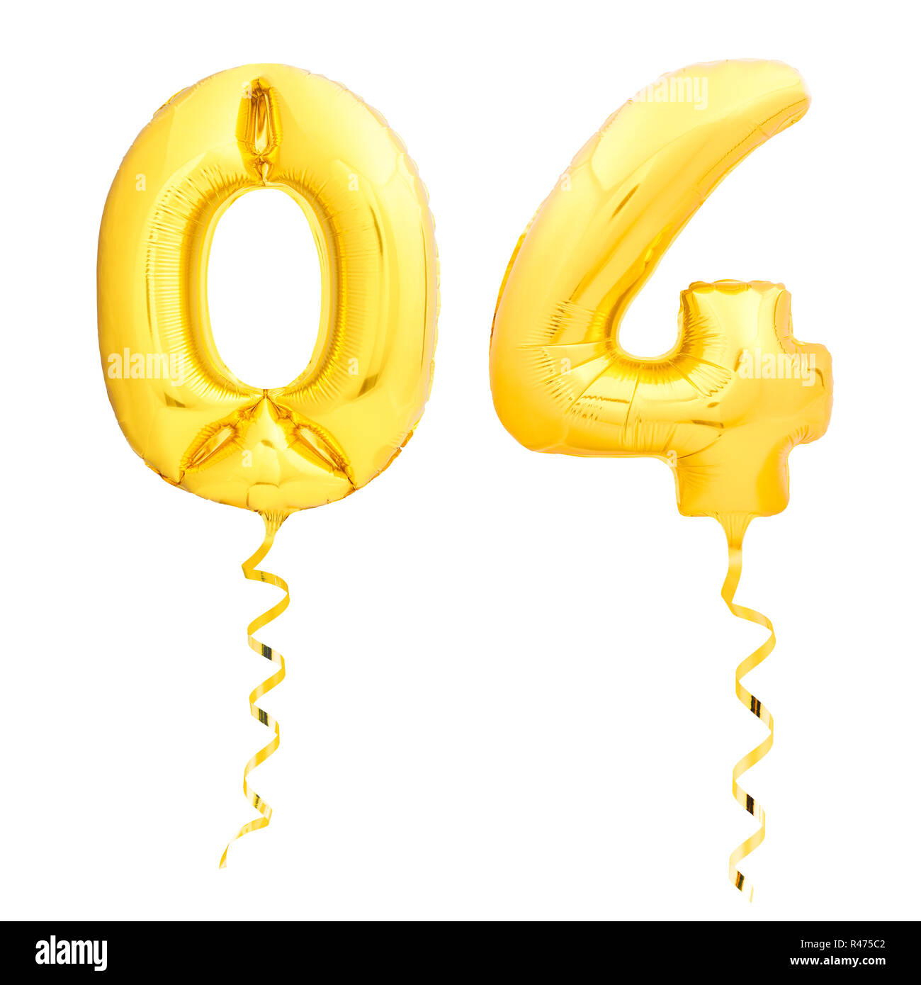 Golden number 04 made of inflatable party balloons with golden ribbons ...
