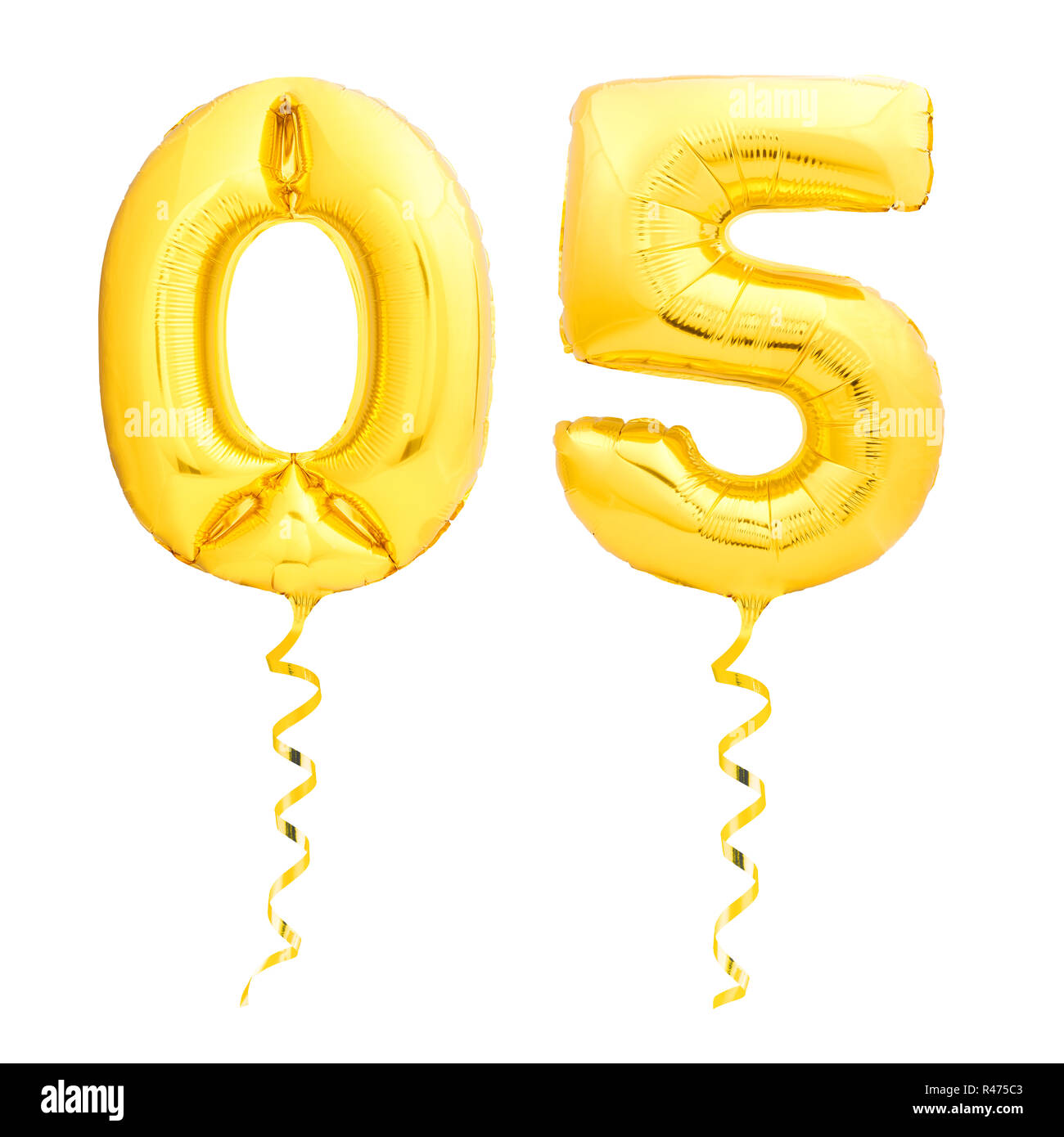 Golden number 05 made of inflatable party balloons with golden ribbons ...