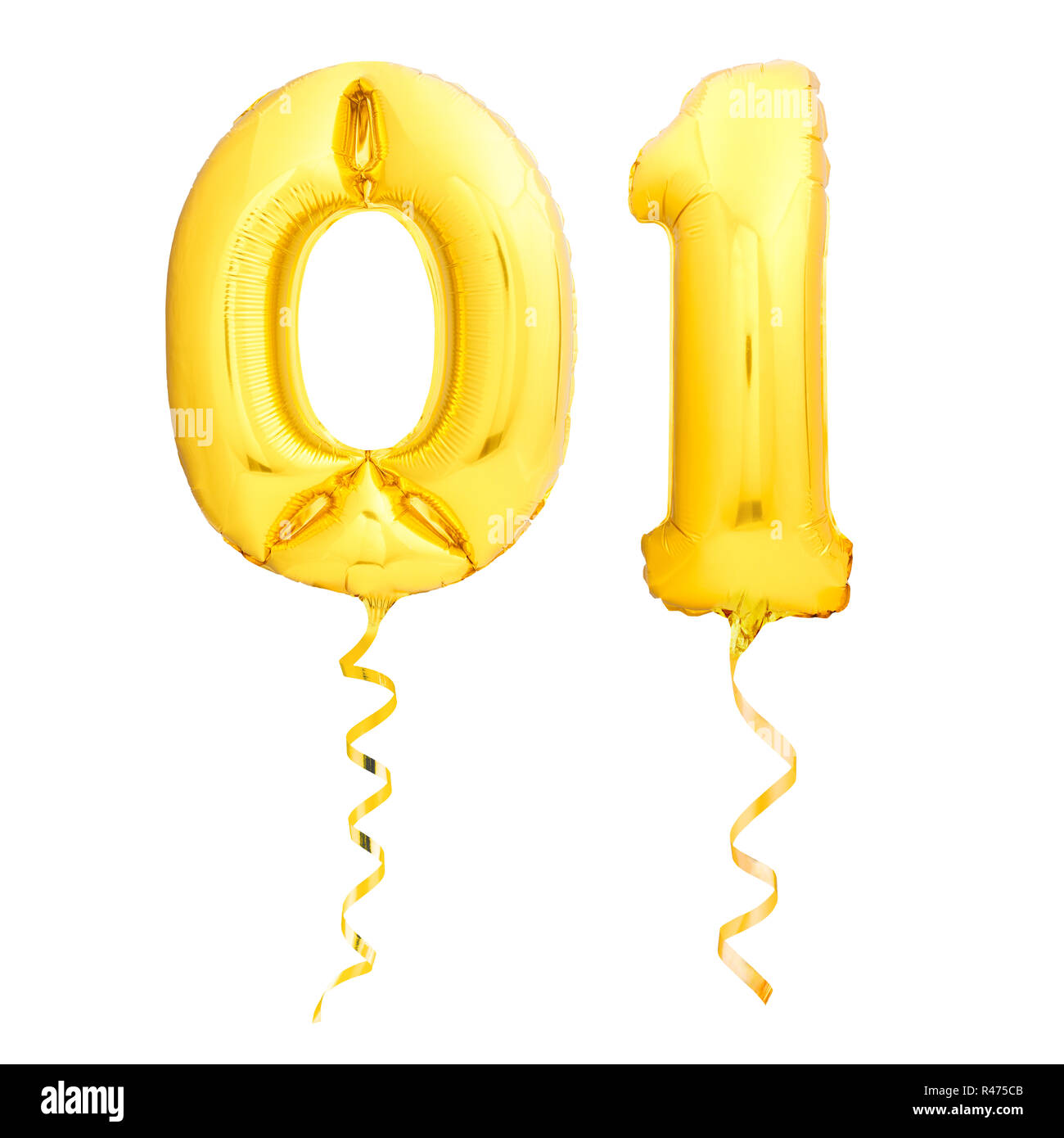 Golden number 01 made of inflatable party balloons with golden ribbons ...