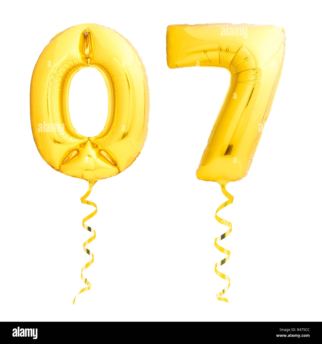 Golden number 07 made of inflatable party balloons with golden ribbons ...