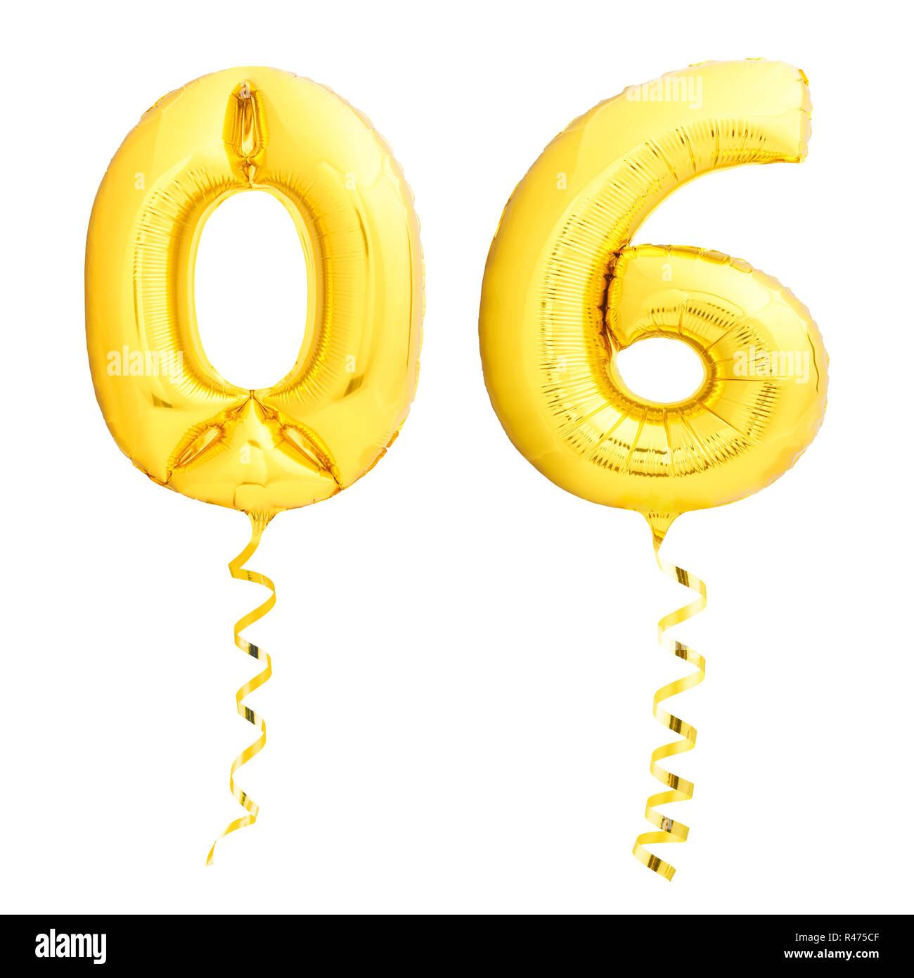Golden number 06 made of inflatable party balloons with golden ribbons ...