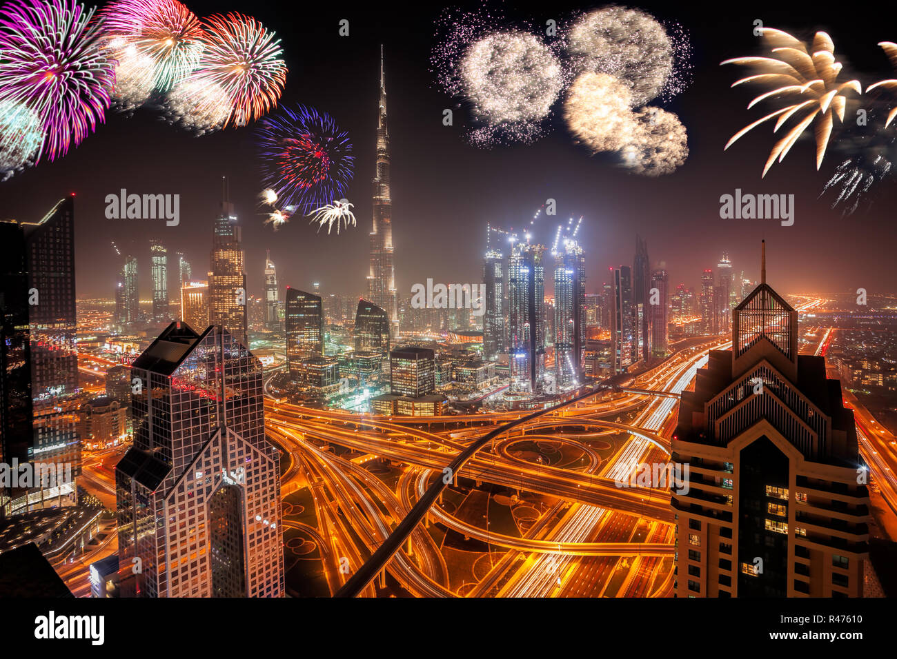 Amazing New Year fireworks display in Dubai, UAE Stock Photo - Alamy