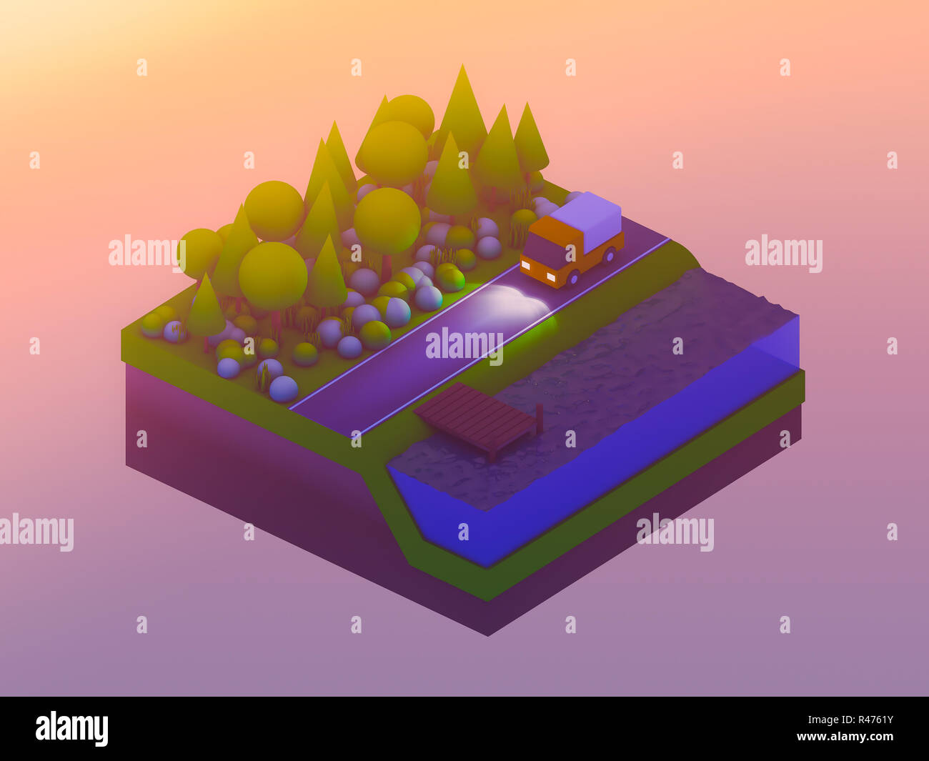 isometric city buildings, landscape, Road and river Stock Photo - Alamy