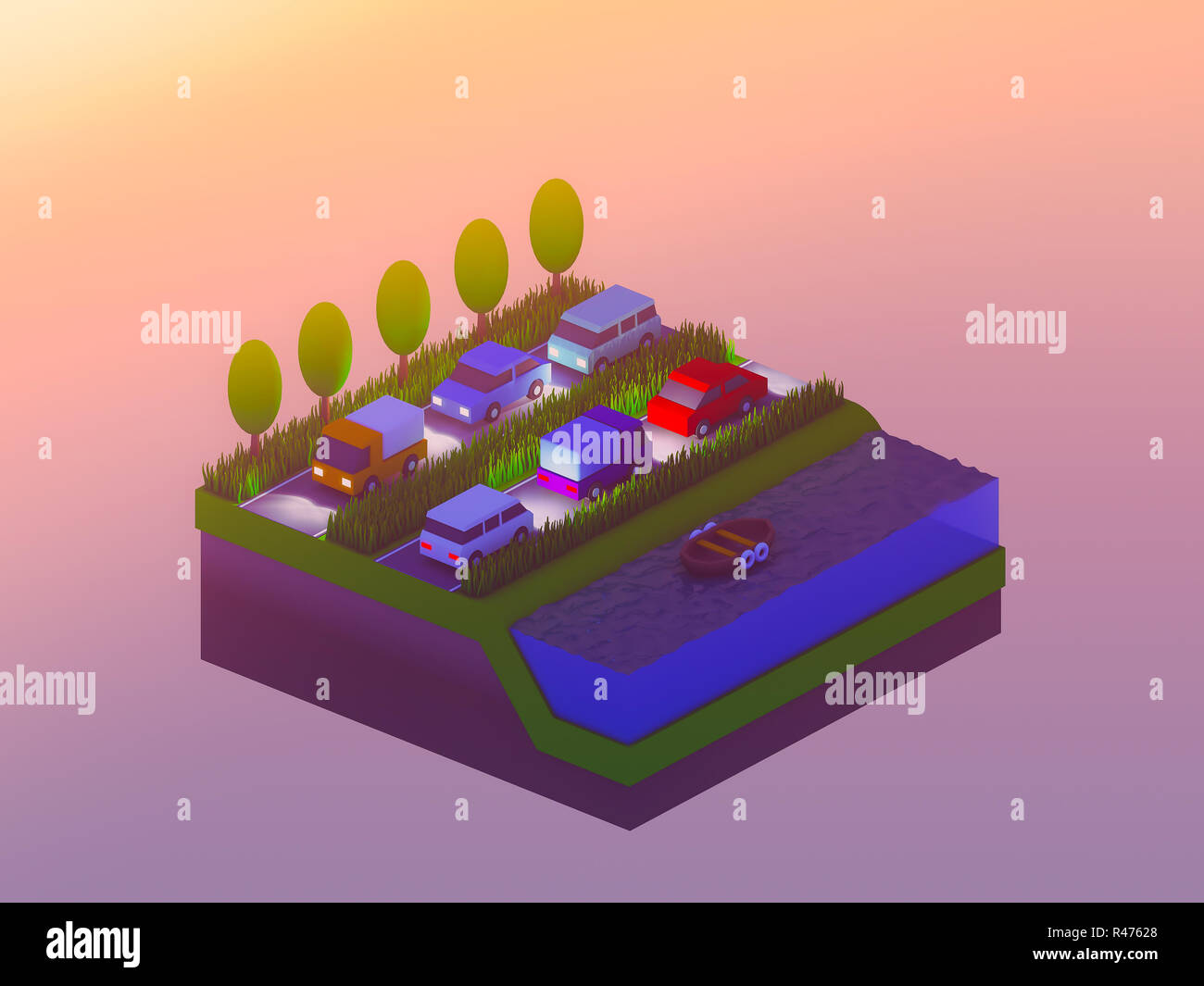isometric city buildings, landscape, Road and river Stock Photo - Alamy