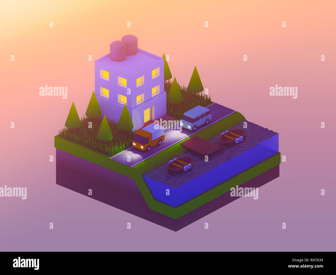 isometric city buildings, landscape, Road and river Stock Photo - Alamy