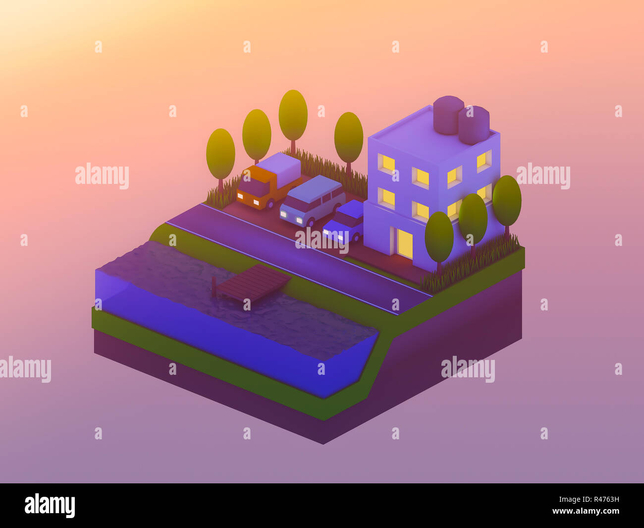 isometric city buildings, landscape, Road and river Stock Photo - Alamy