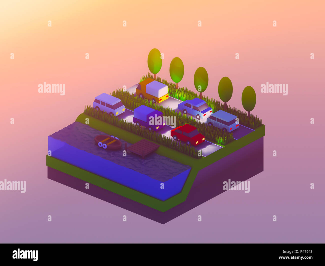 isometric city buildings, landscape, Road and river Stock Photo - Alamy
