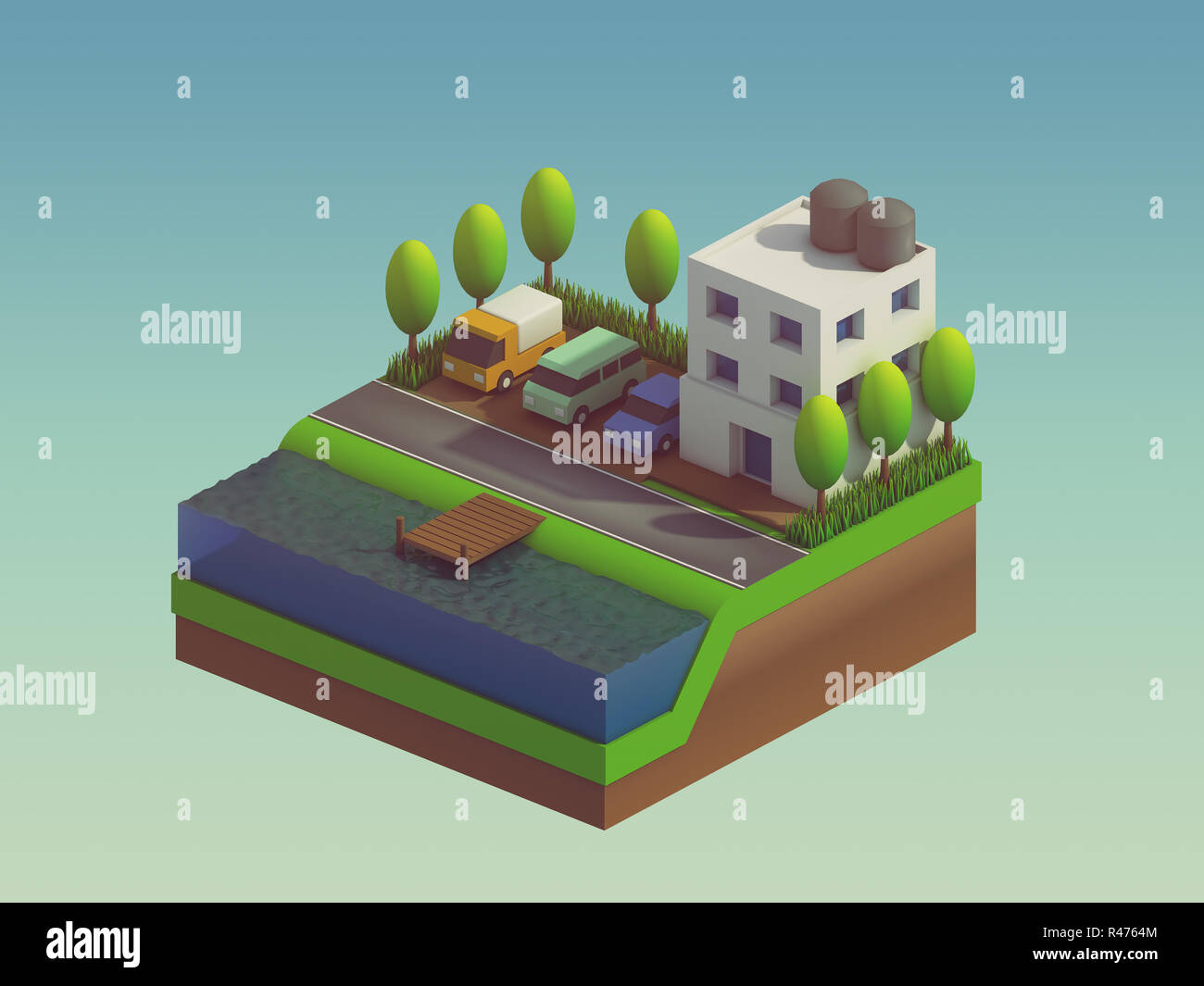 isometric city buildings, landscape, Road and river Stock Photo - Alamy