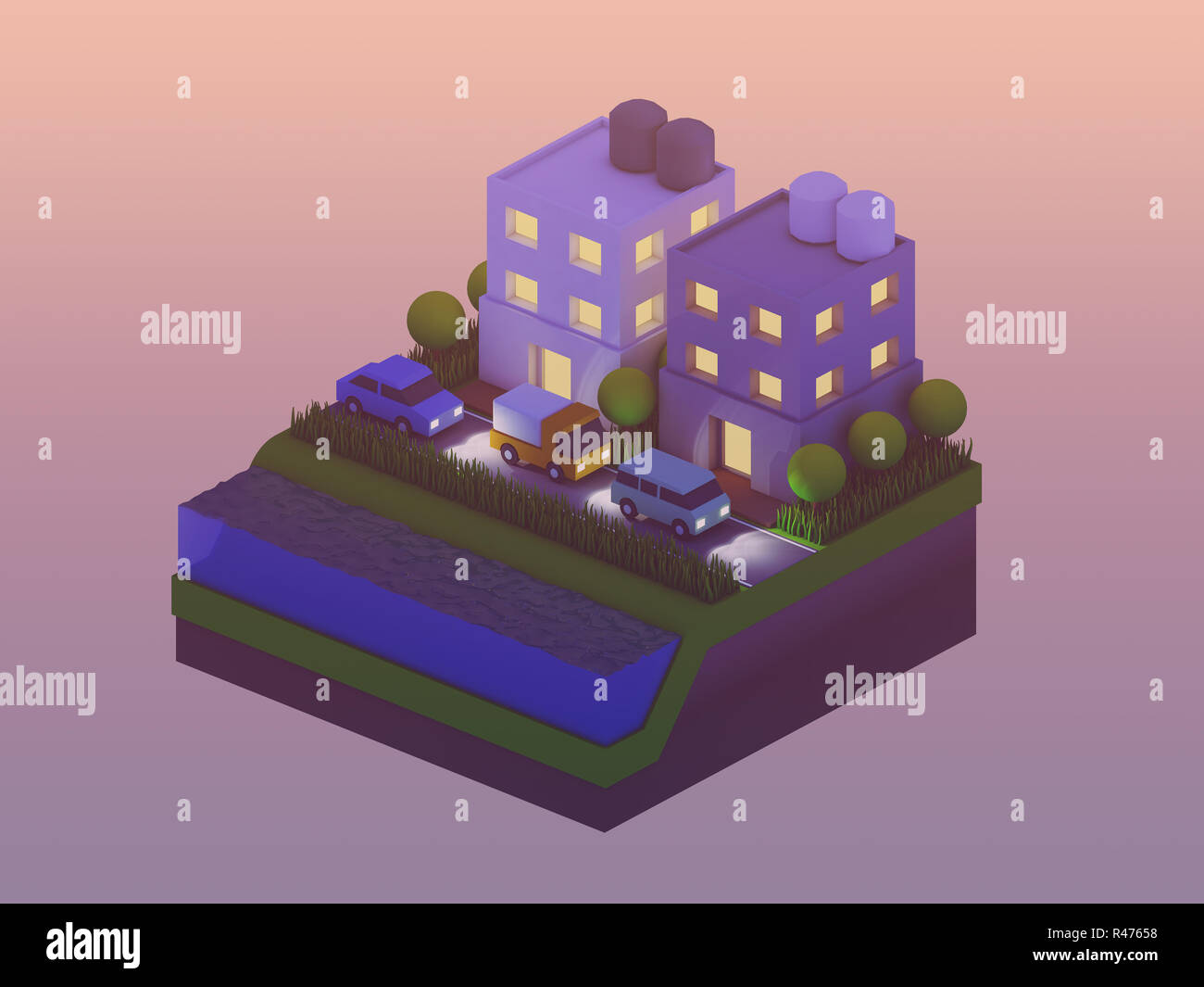 isometric city buildings, landscape, Road and river Stock Photo - Alamy