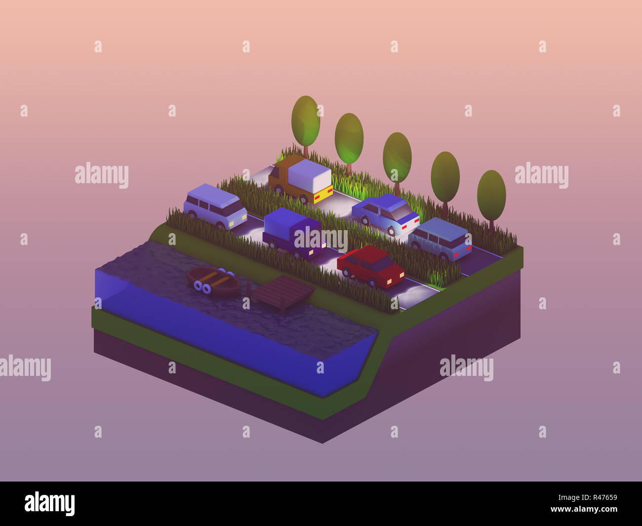 isometric city buildings, landscape, Road and river Stock Photo - Alamy