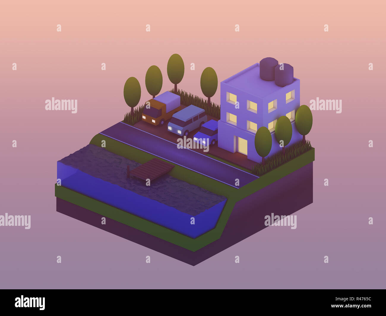 isometric city buildings, landscape, Road and river Stock Photo - Alamy