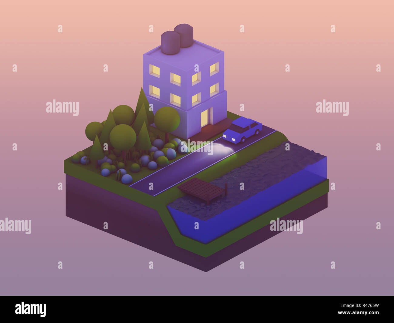 isometric city buildings, landscape, Road and river Stock Photo - Alamy