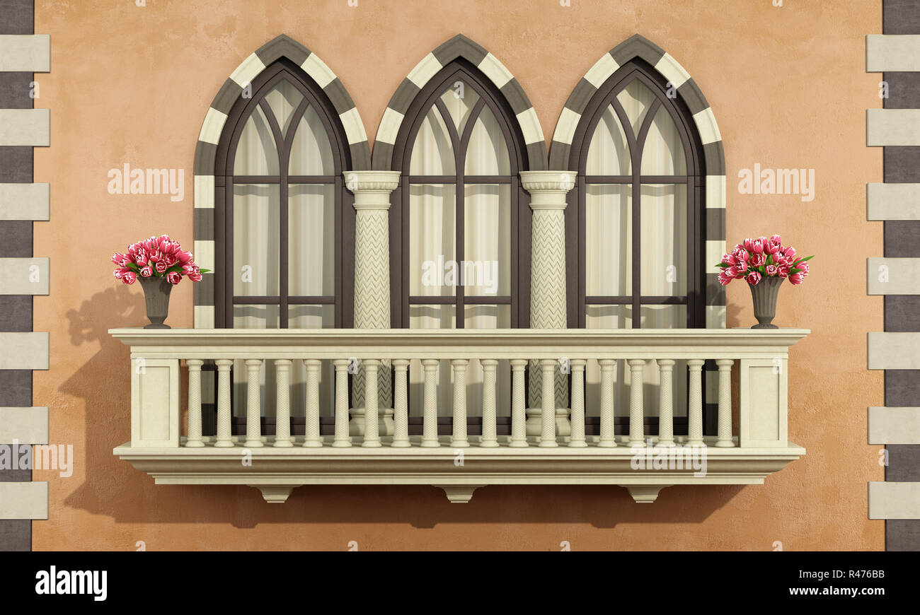 Old facade with classic balcony balustrade Stock Photo - Alamy