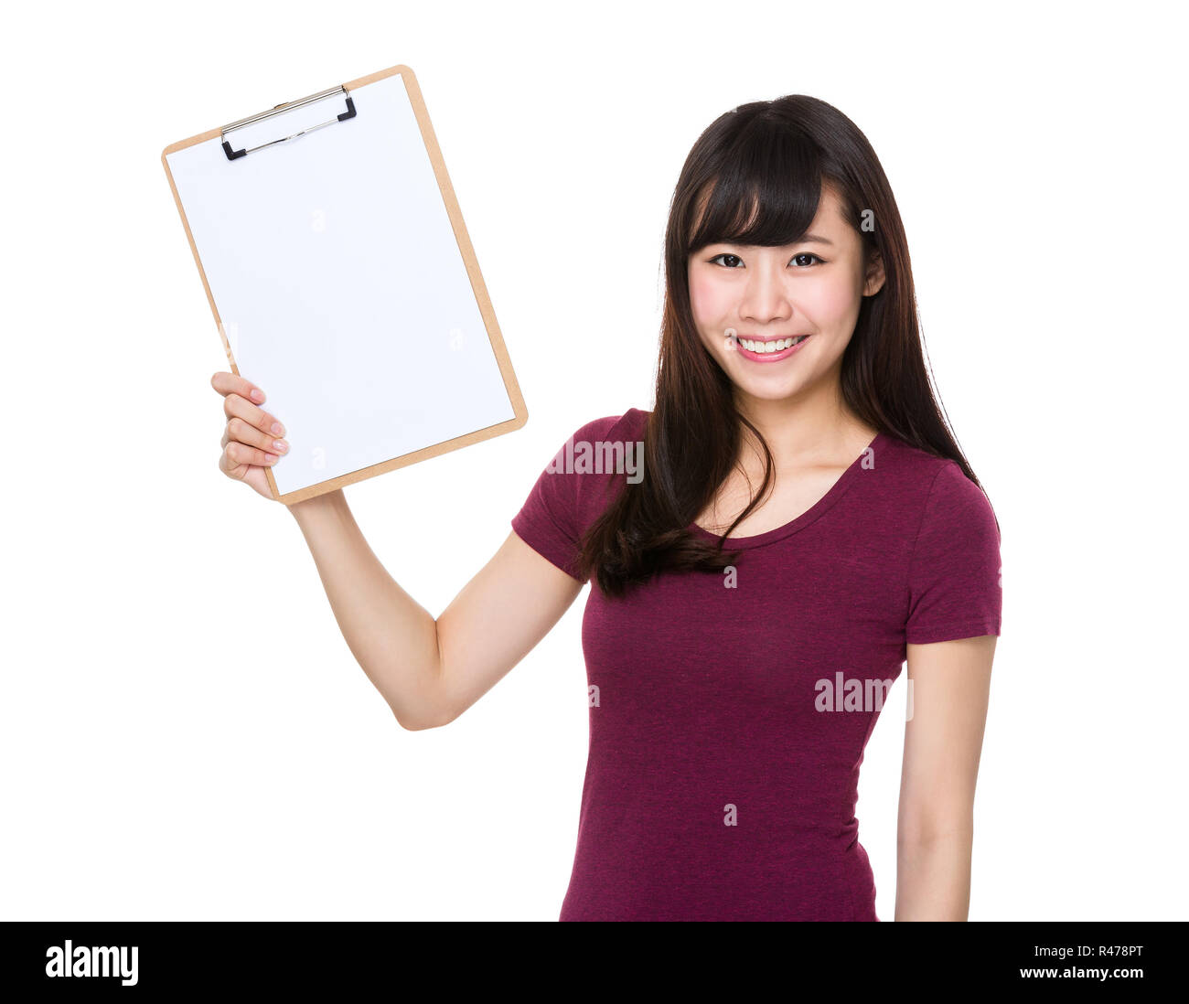 Woman show with clipboard Stock Photo - Alamy