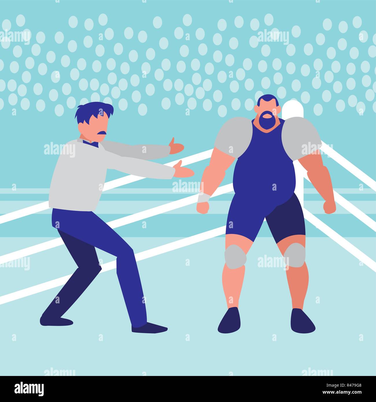 wrestler and referee in the ring over blue background, colorful design ...