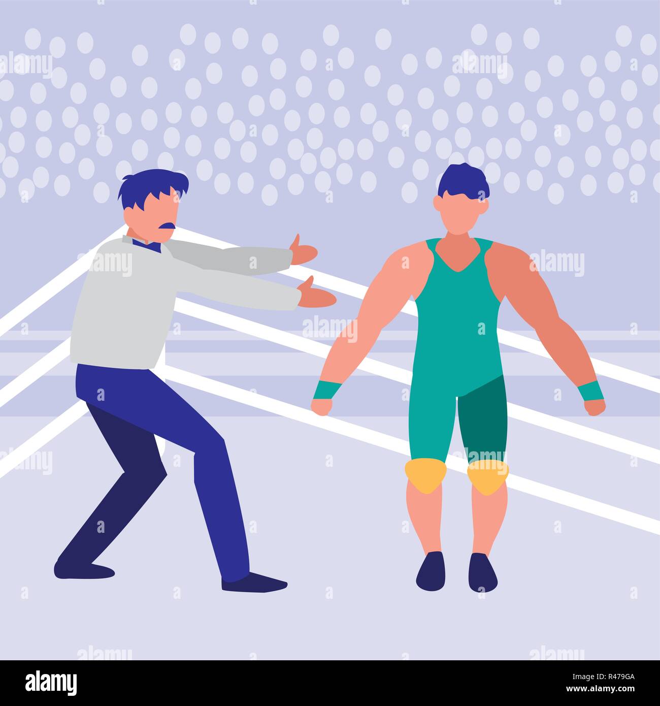 wrestler and referee in the ring over purple background, colorful ...