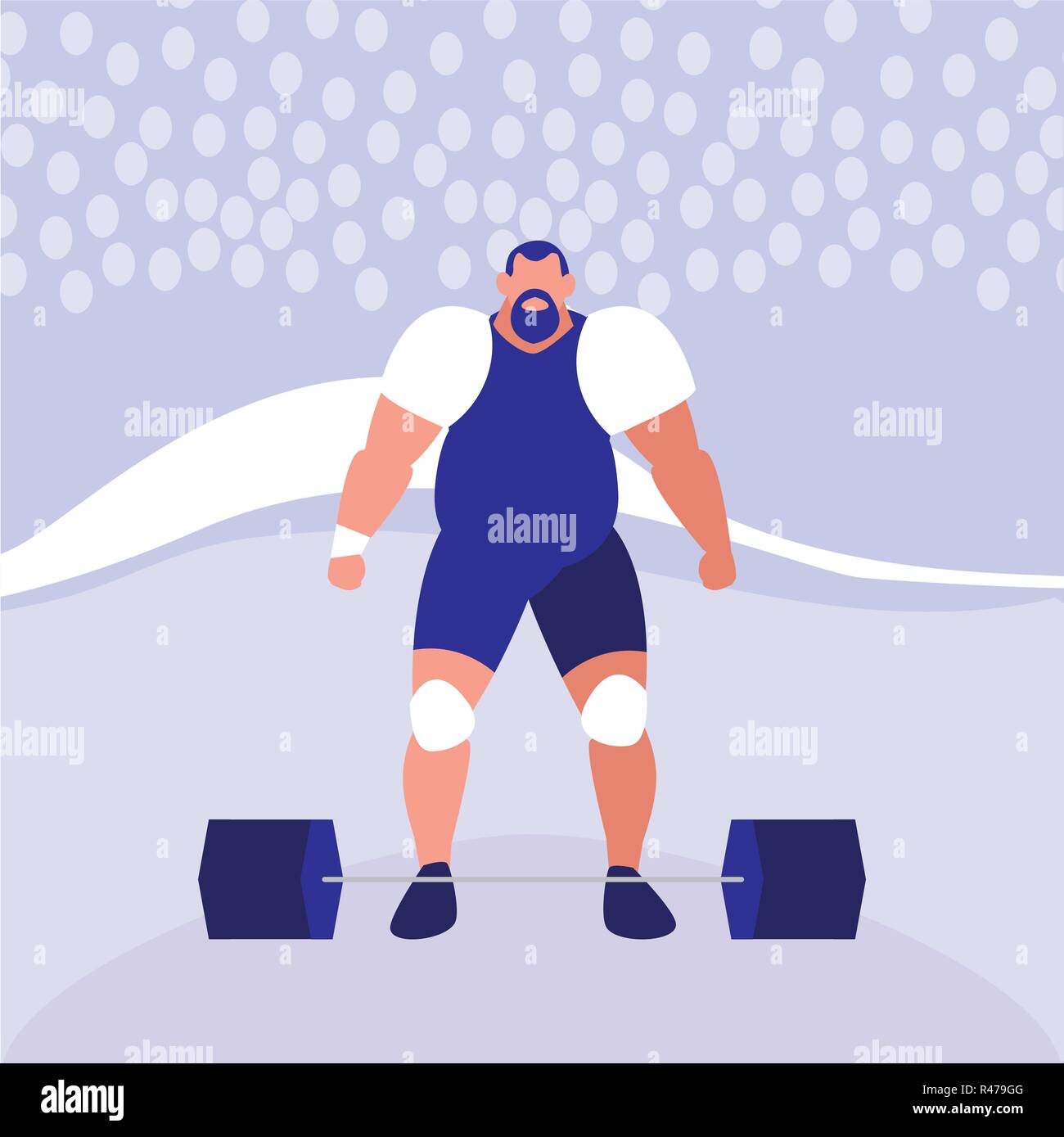 cartoon weightlifter with weights over purple background, vector ...