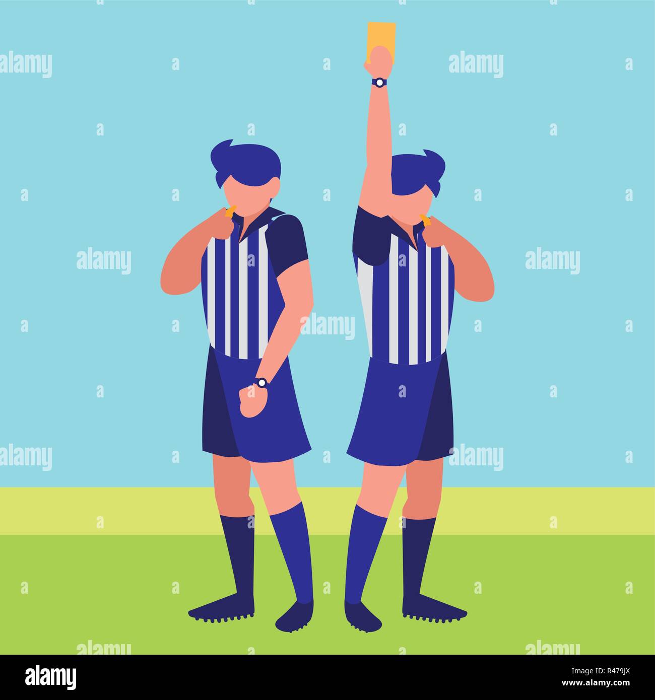 avatar soccer referee blowing the whistle over field background, vector ...