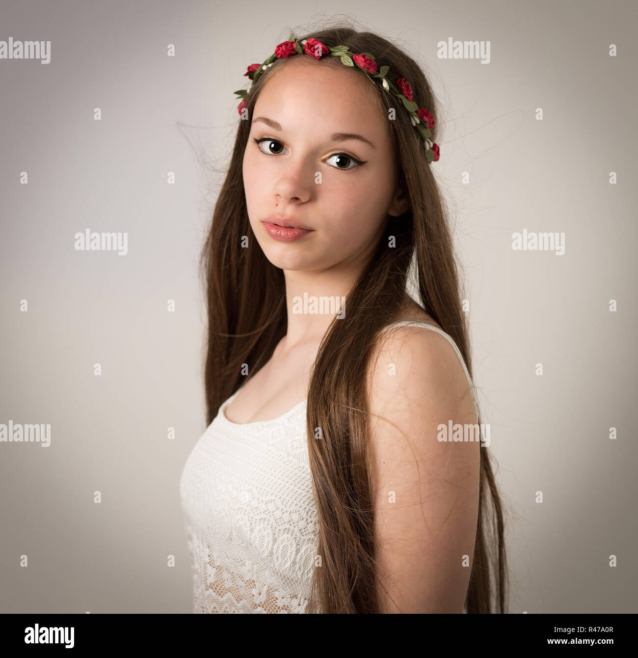 Beautiful Teen Hippie Girl In White Top Stock Photo - Alamy