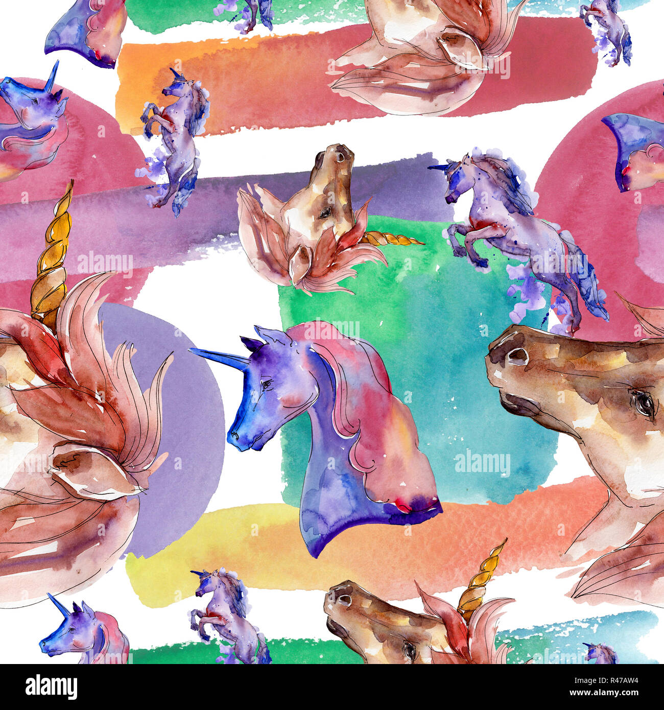 Cute unicorn horse in a watercolor style isolated. Seamless background ...
