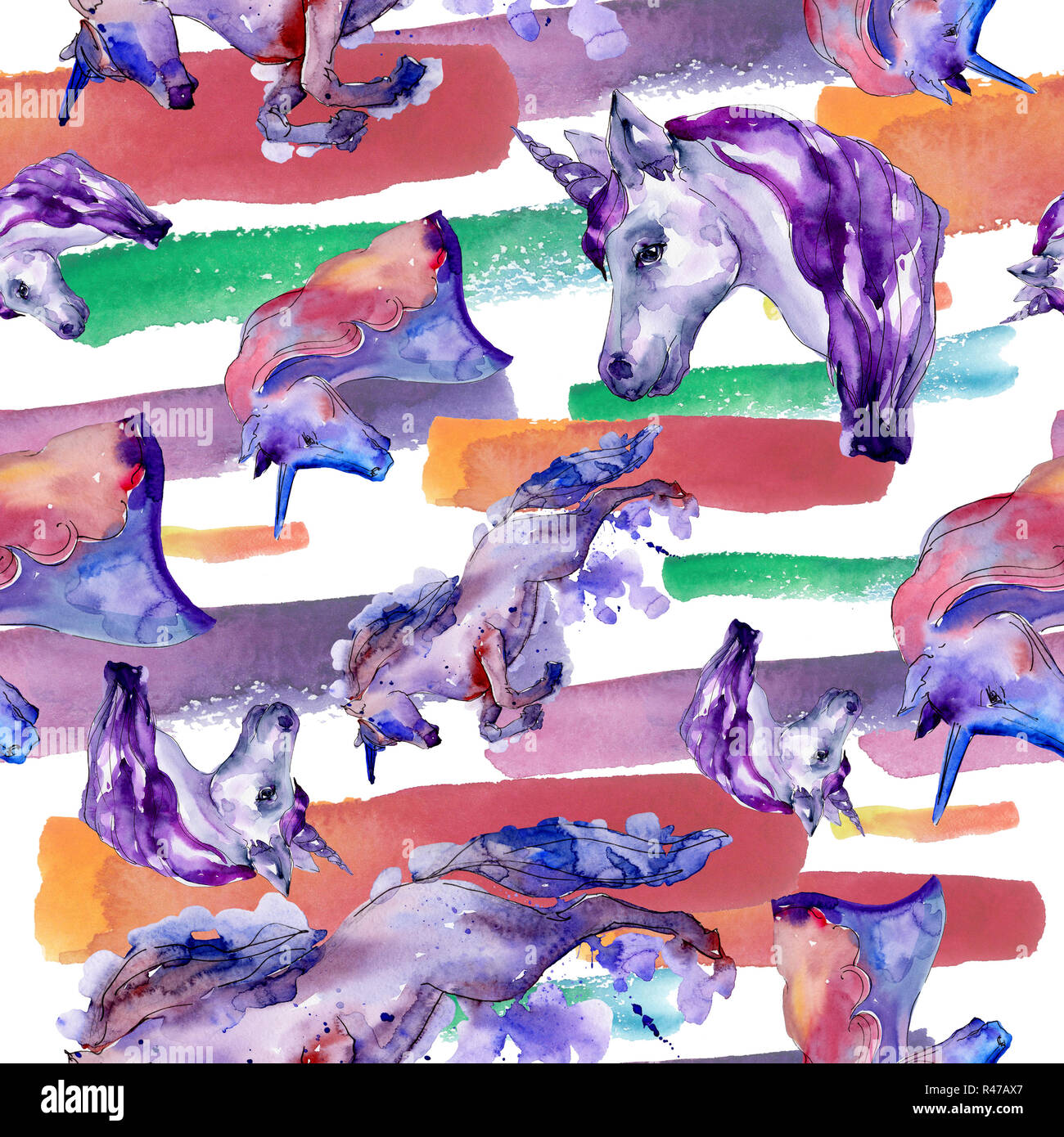 Cute unicorn horse in a watercolor style isolated. Seamless background ...
