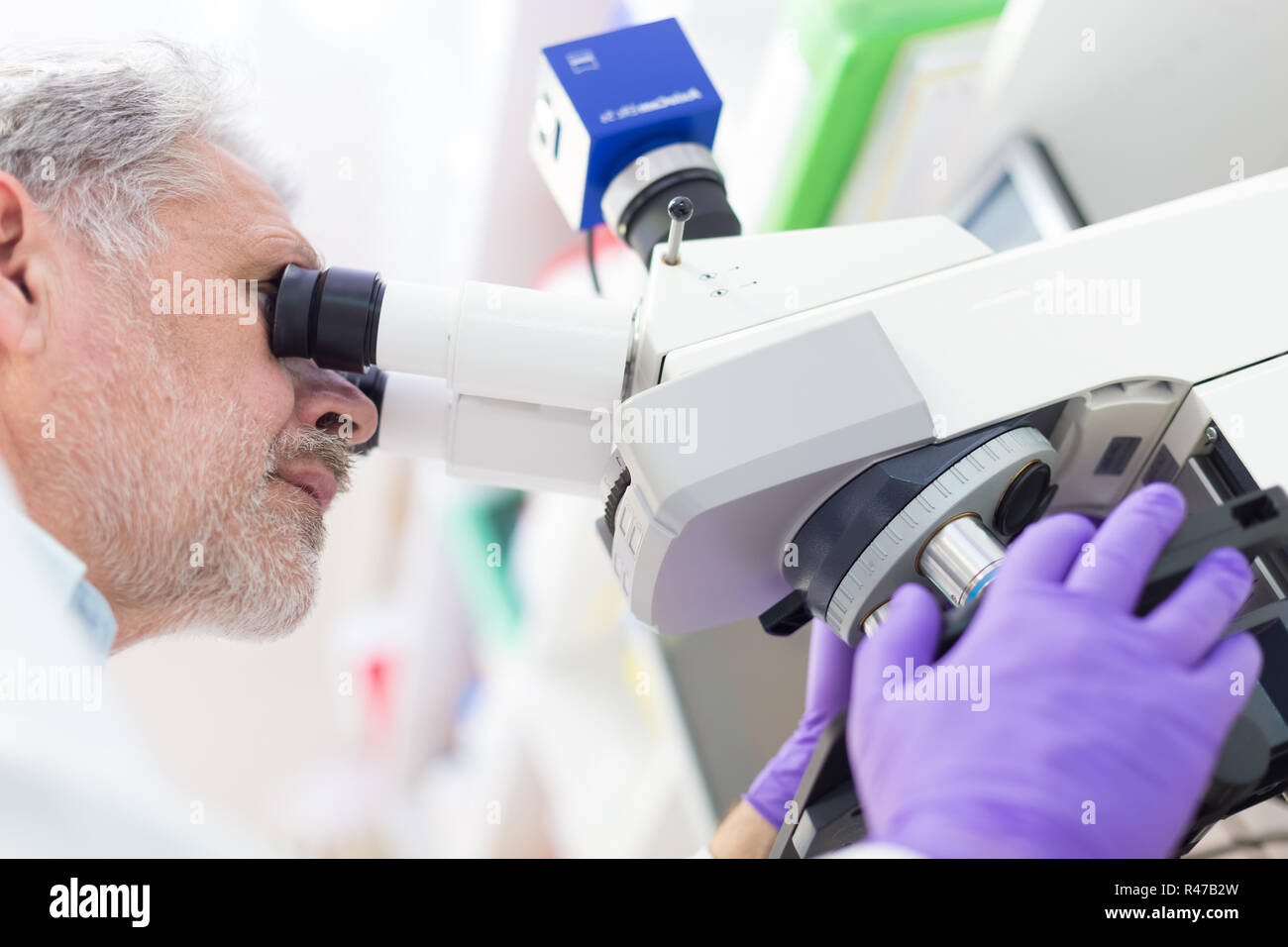Senior scientist microscoping in lab Stock Photo - Alamy
