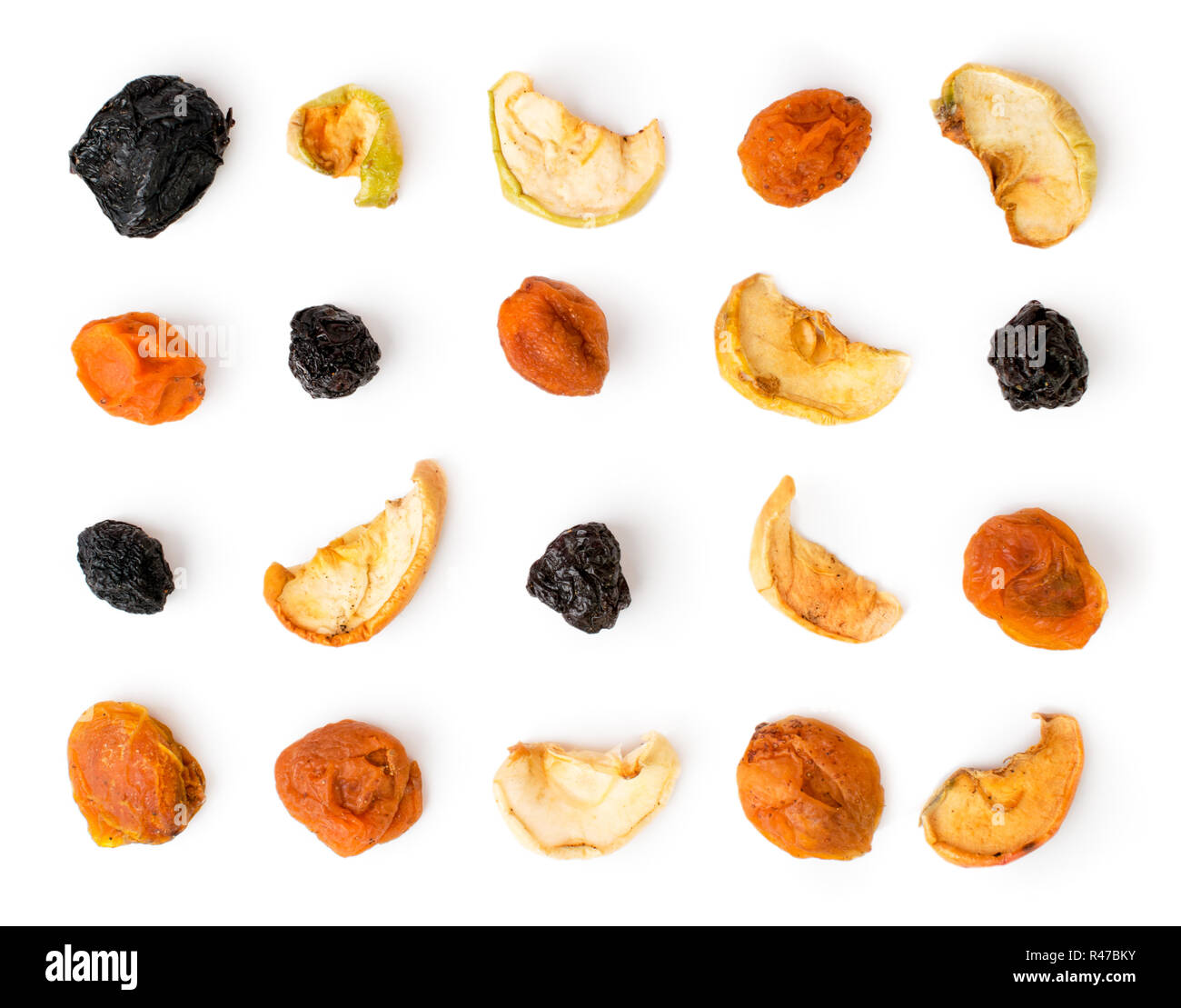 Dried fruit laid out on a white background. The view from the top Stock ...
