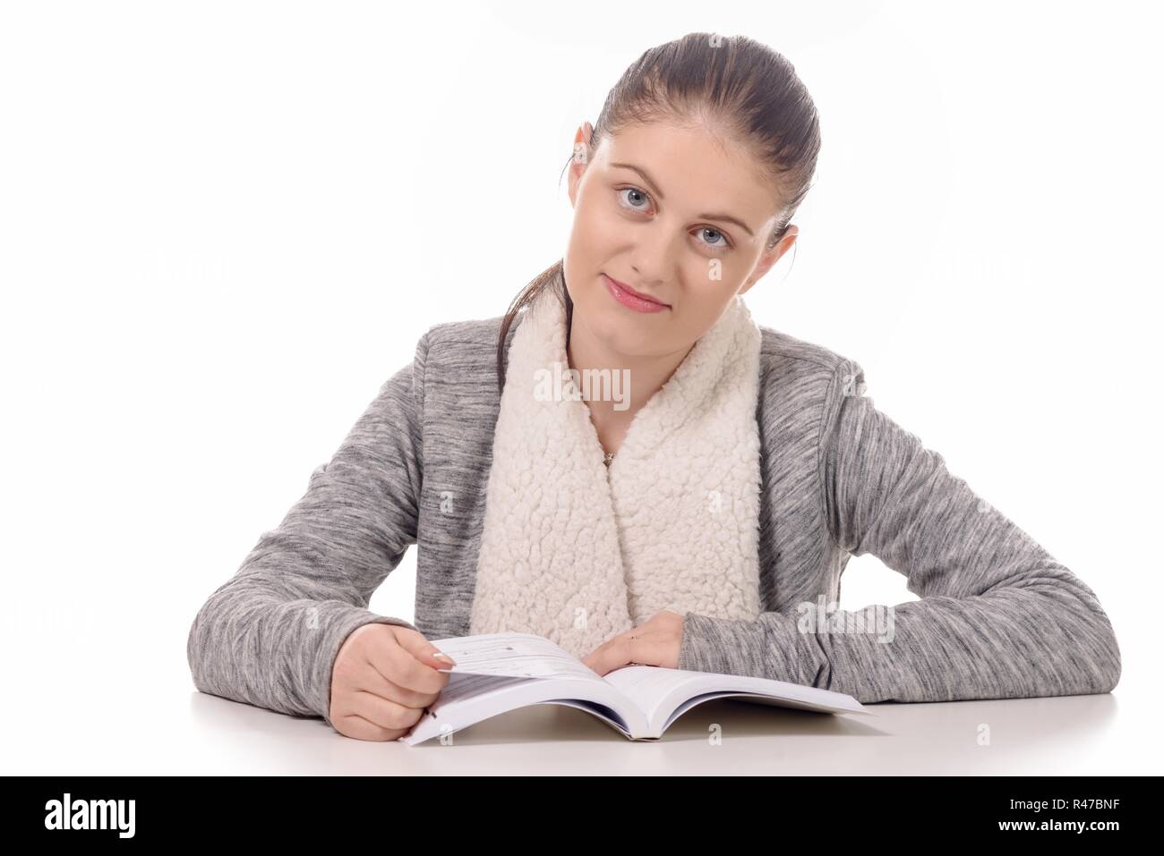 beautiful girl reading a book on white background Stock Photo - Alamy