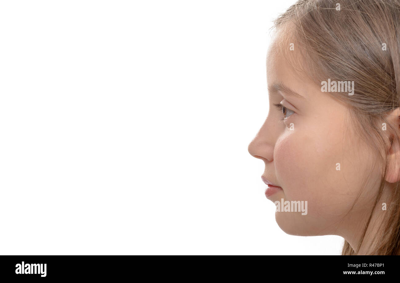 Cute little girl, side view, isolated on white Stock Photo - Alamy