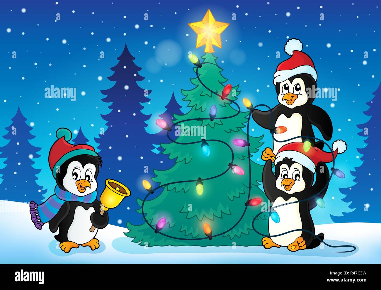 Penguins near Christmas tree theme 4 Stock Photo - Alamy