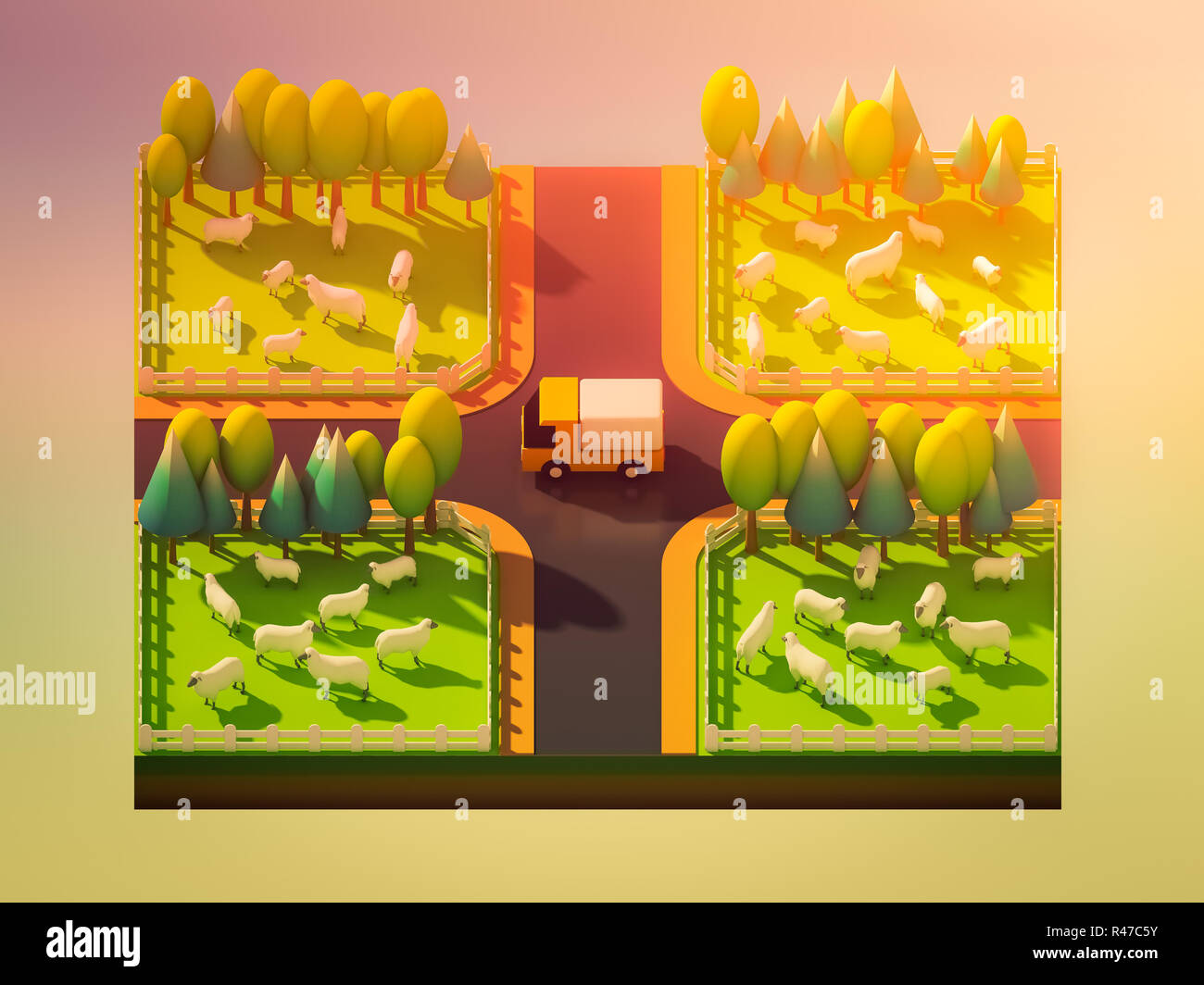 Sheep in the landscape, isometric view Stock Photo - Alamy