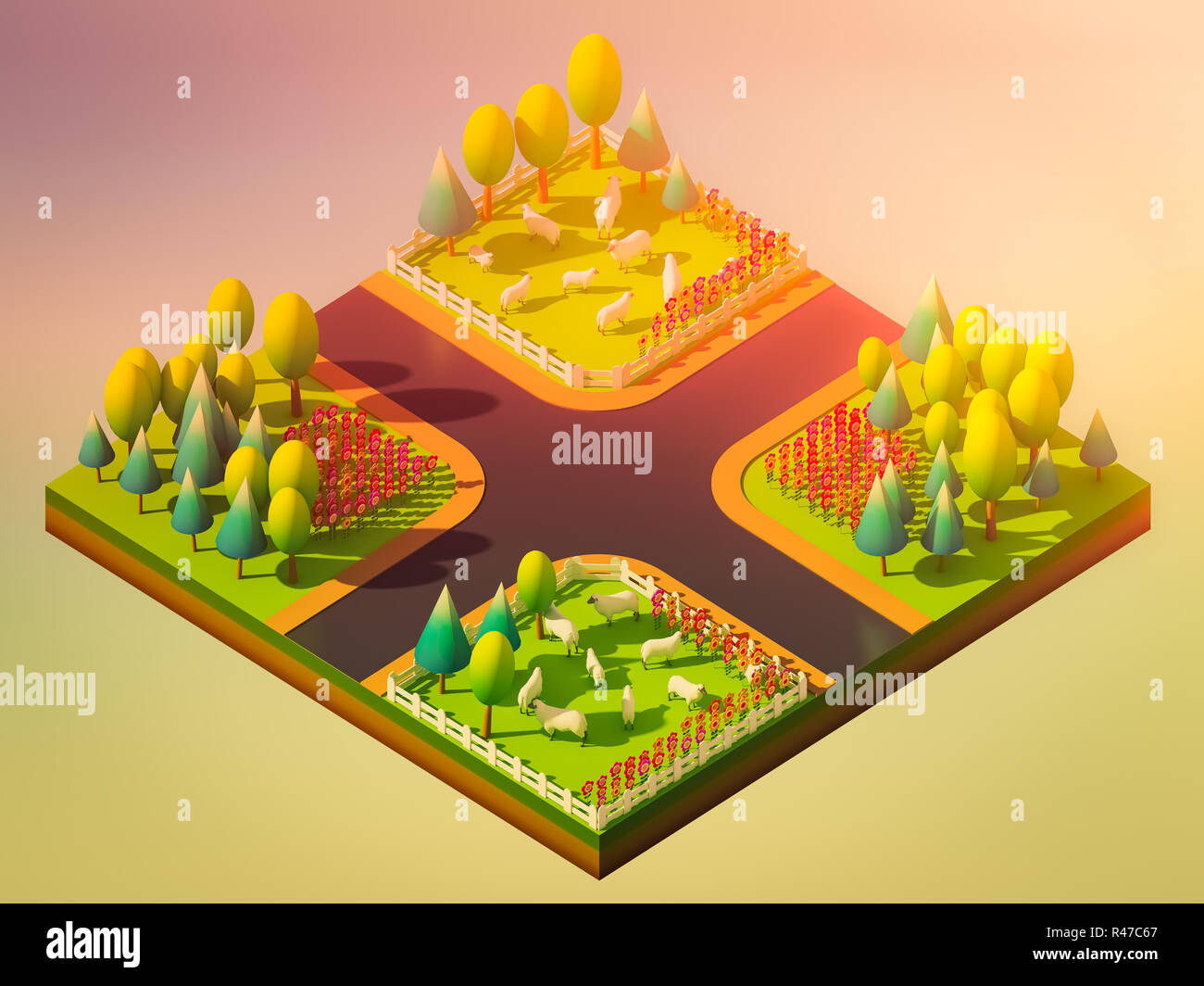 Sheep in the landscape, isometric view Stock Photo - Alamy
