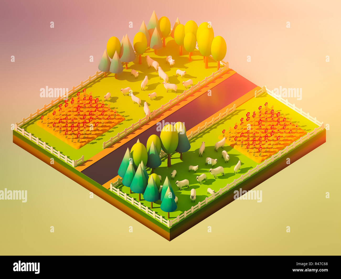 Sheep in the landscape, isometric view Stock Photo - Alamy