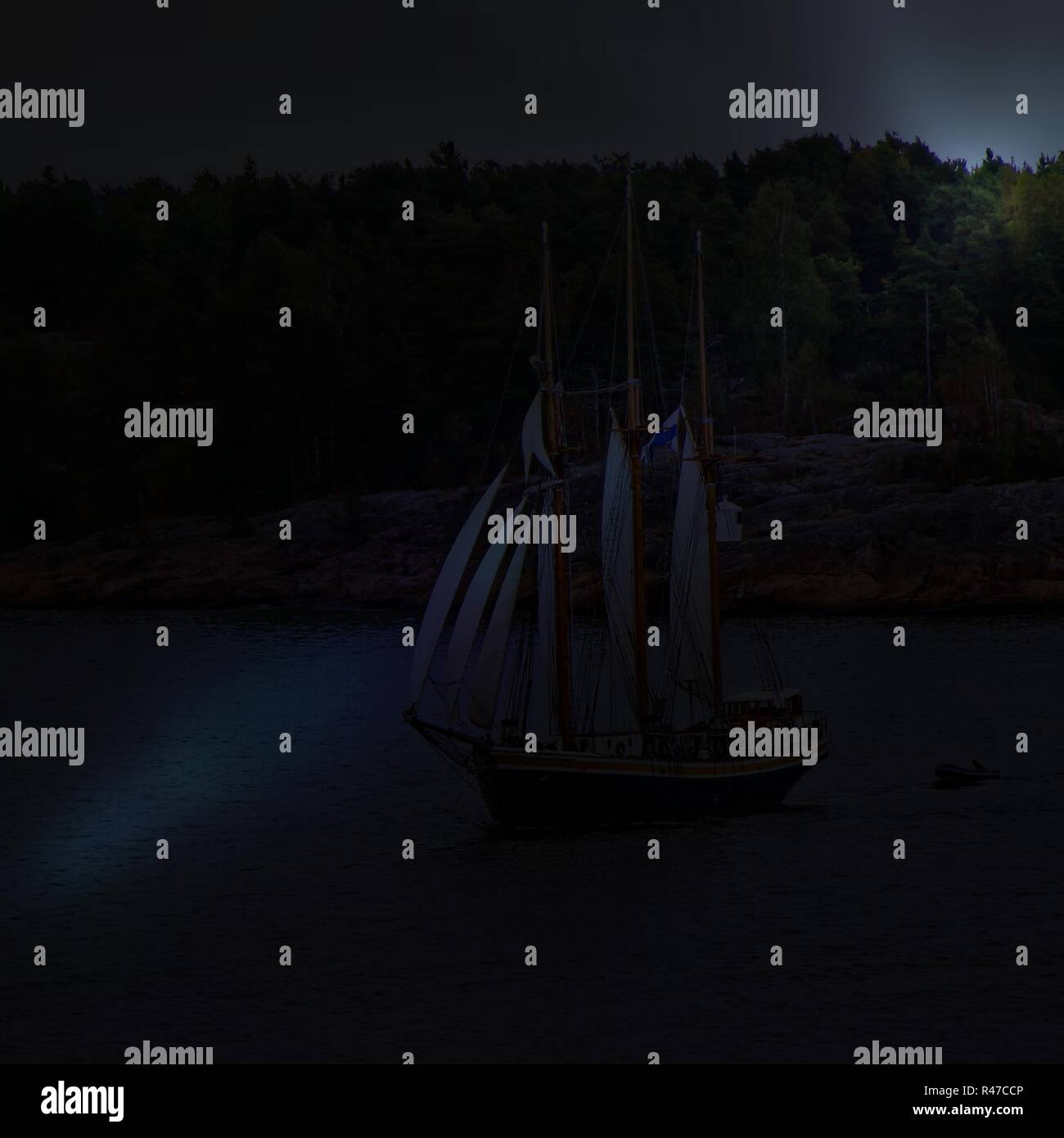Sail ship. Photo in vintage image style. Night shot Stock Photo - Alamy