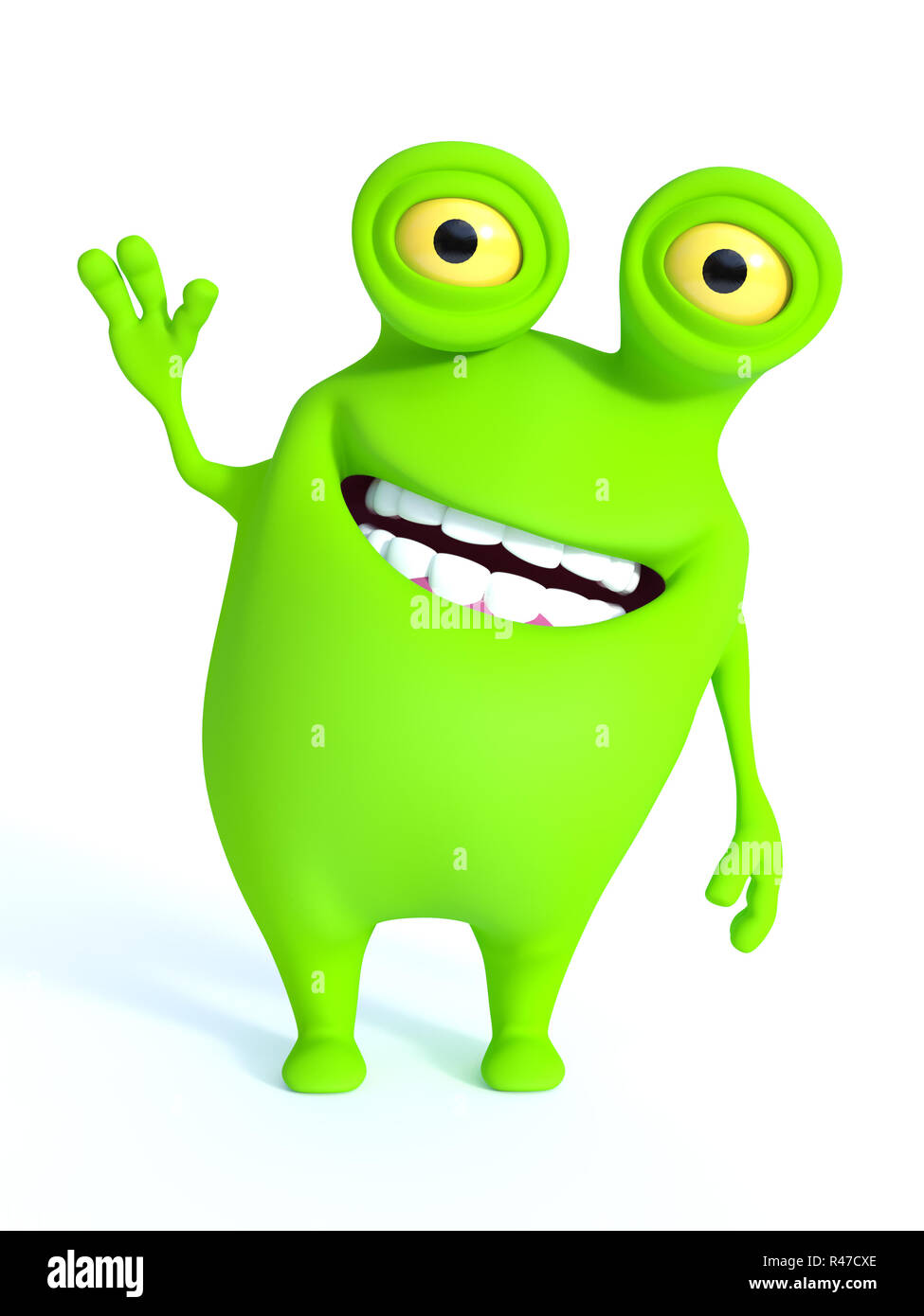A green monster waving and looking very happy Stock Photo - Alamy
