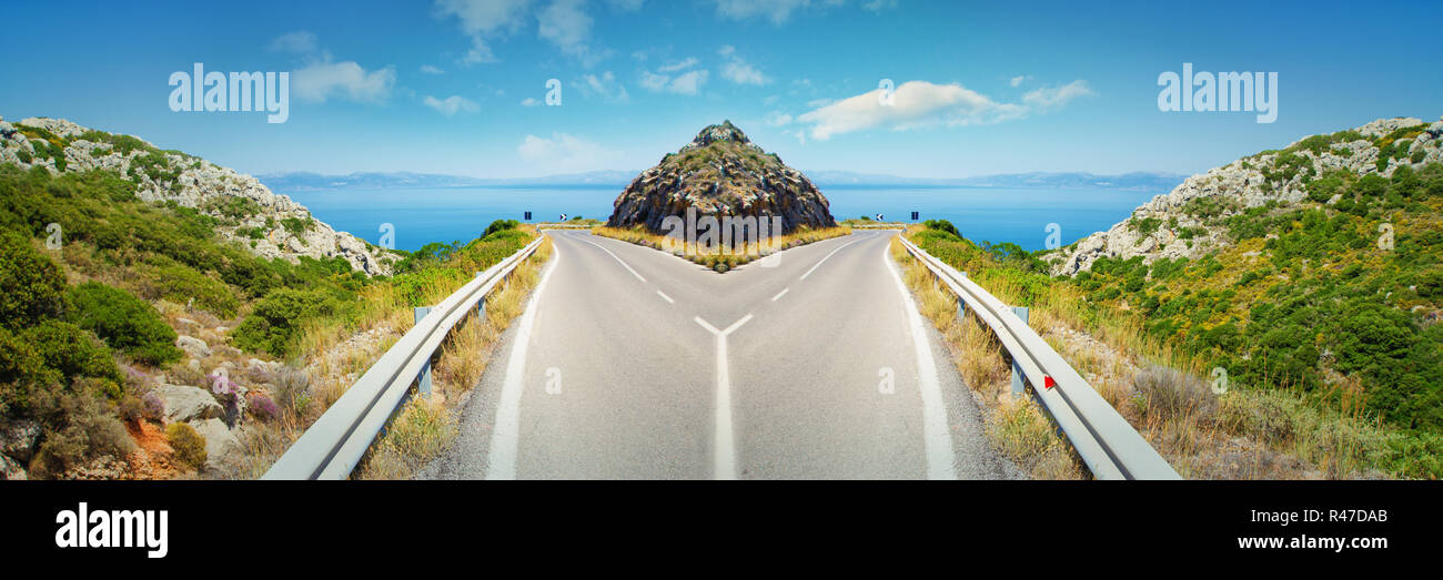 Panoramic view of a crossroad fork junction, road splitted in two ...