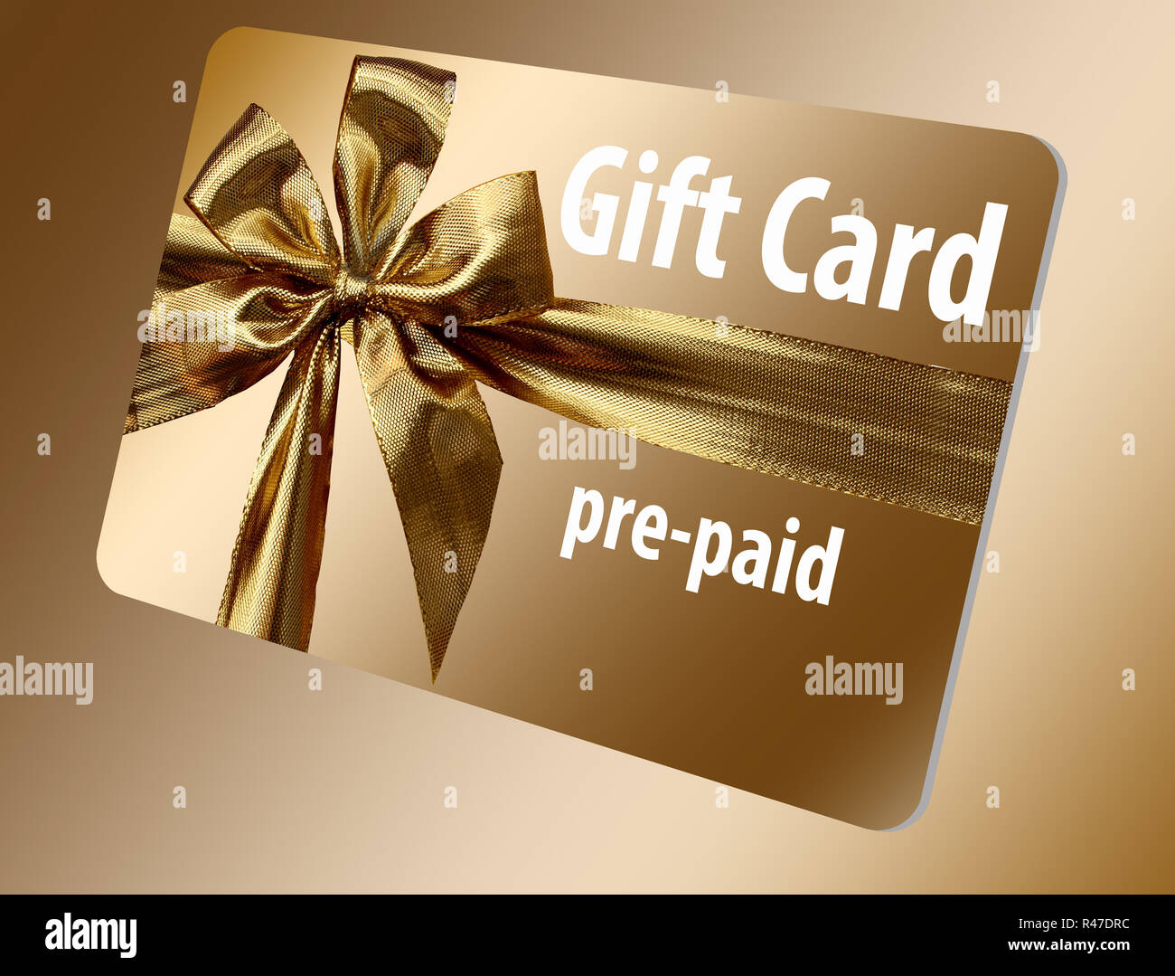 A pre-paid gift card is seen here. It is gold with a gold ribbon design ...