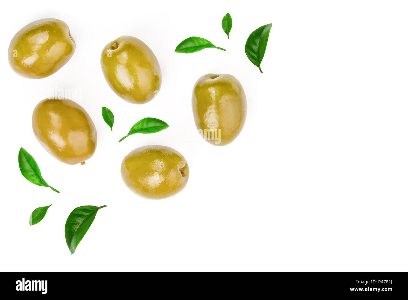 Green olives isolated on a white background with copy space for your ...