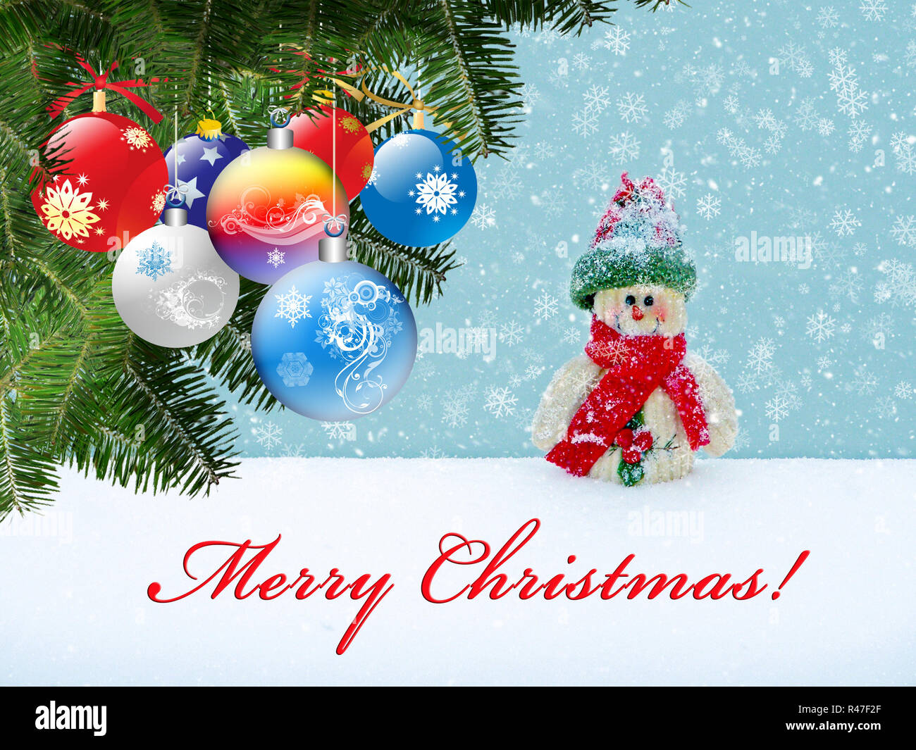 Merry Christmas postcard with a snowman in the snow Stock Photo - Alamy